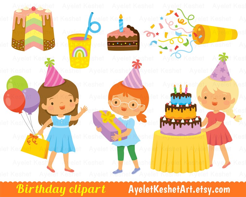 Birthday Clipart Bundle. Birthday Cake, Balloons, Presents and Kids ...