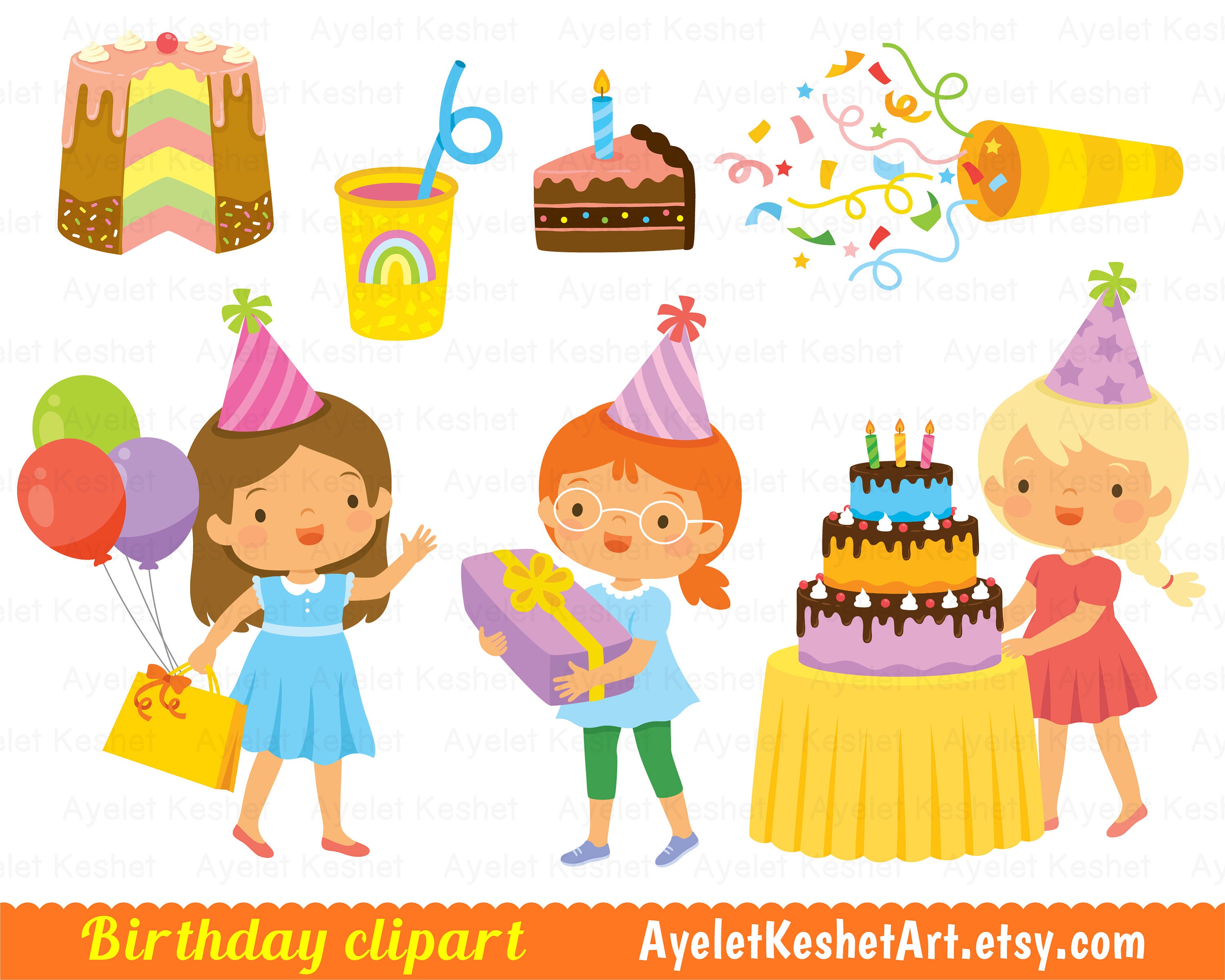 Birthday Clipart Bundle. Birthday Cake, Balloons, Presents and Kids ...