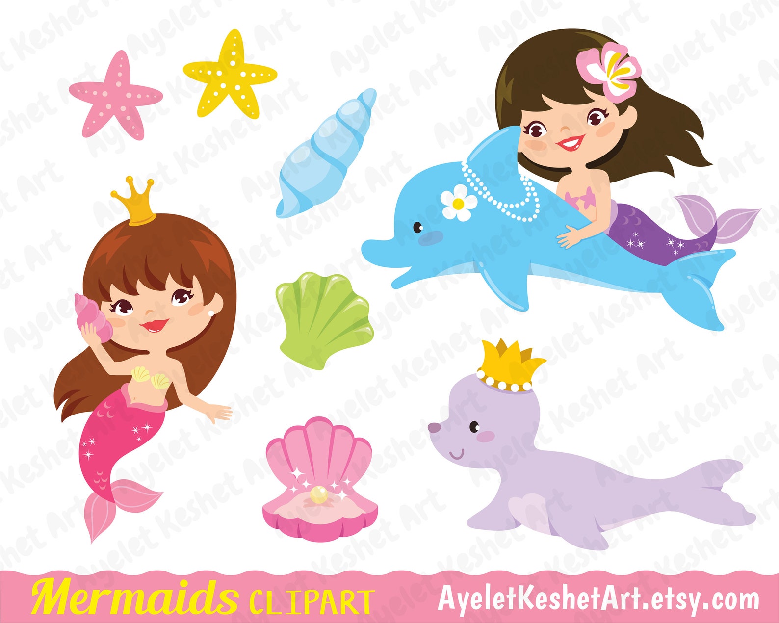 Mermaids Clipart Bundle. Cute Mermaids and Mermen in a Magical - Etsy