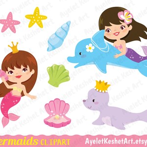 Mermaids Clipart Bundle. Cute Mermaids and Mermen in a Magical Sea ...