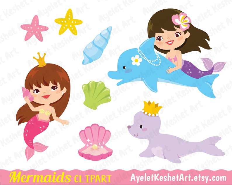 Mermaids Clipart Bundle. Cute Mermaids and Mermen in a Magical Sea ...