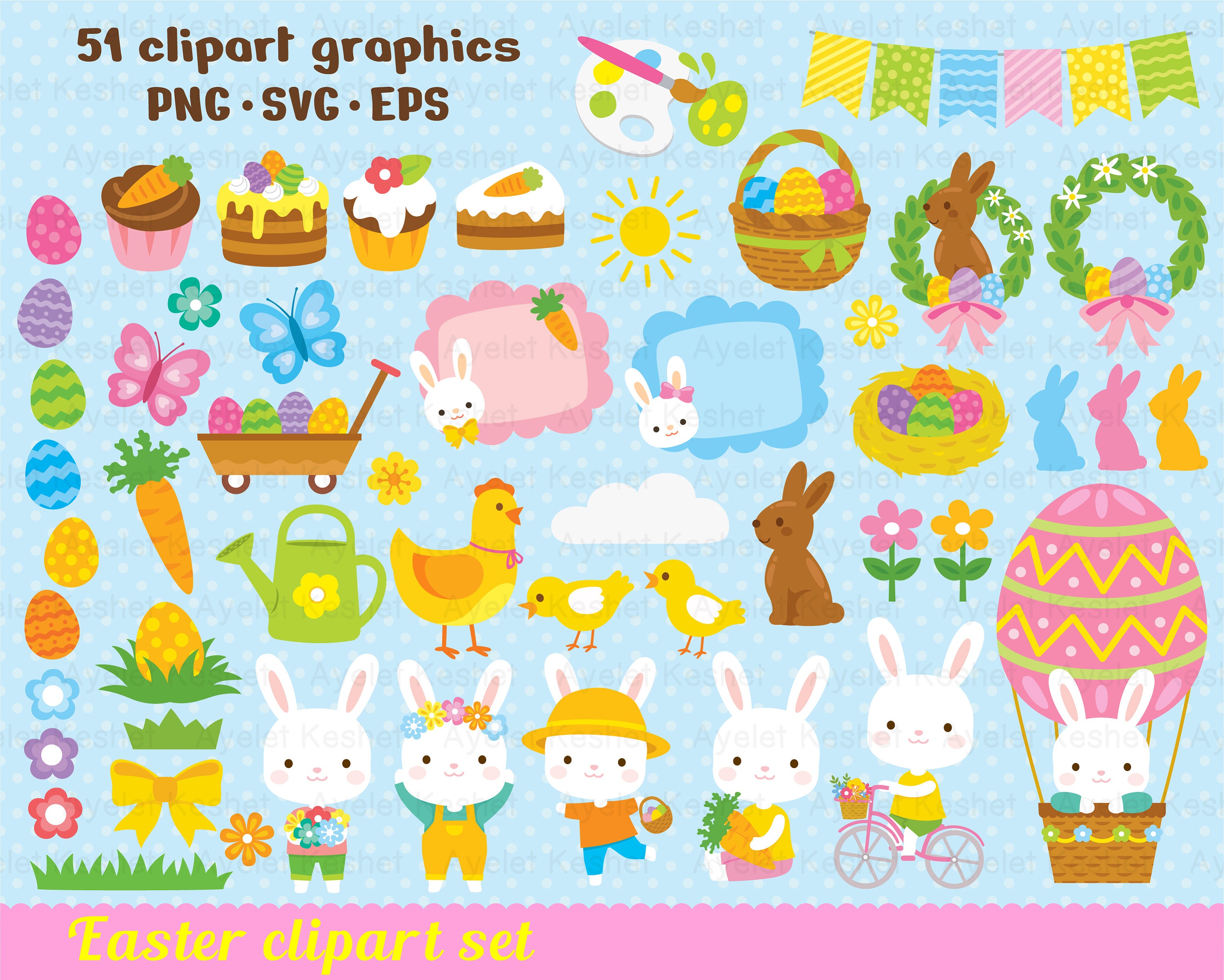 Cute Easter Clipart Bundle. Cute Easter Bunnies, Easter Eggs and Spring ...