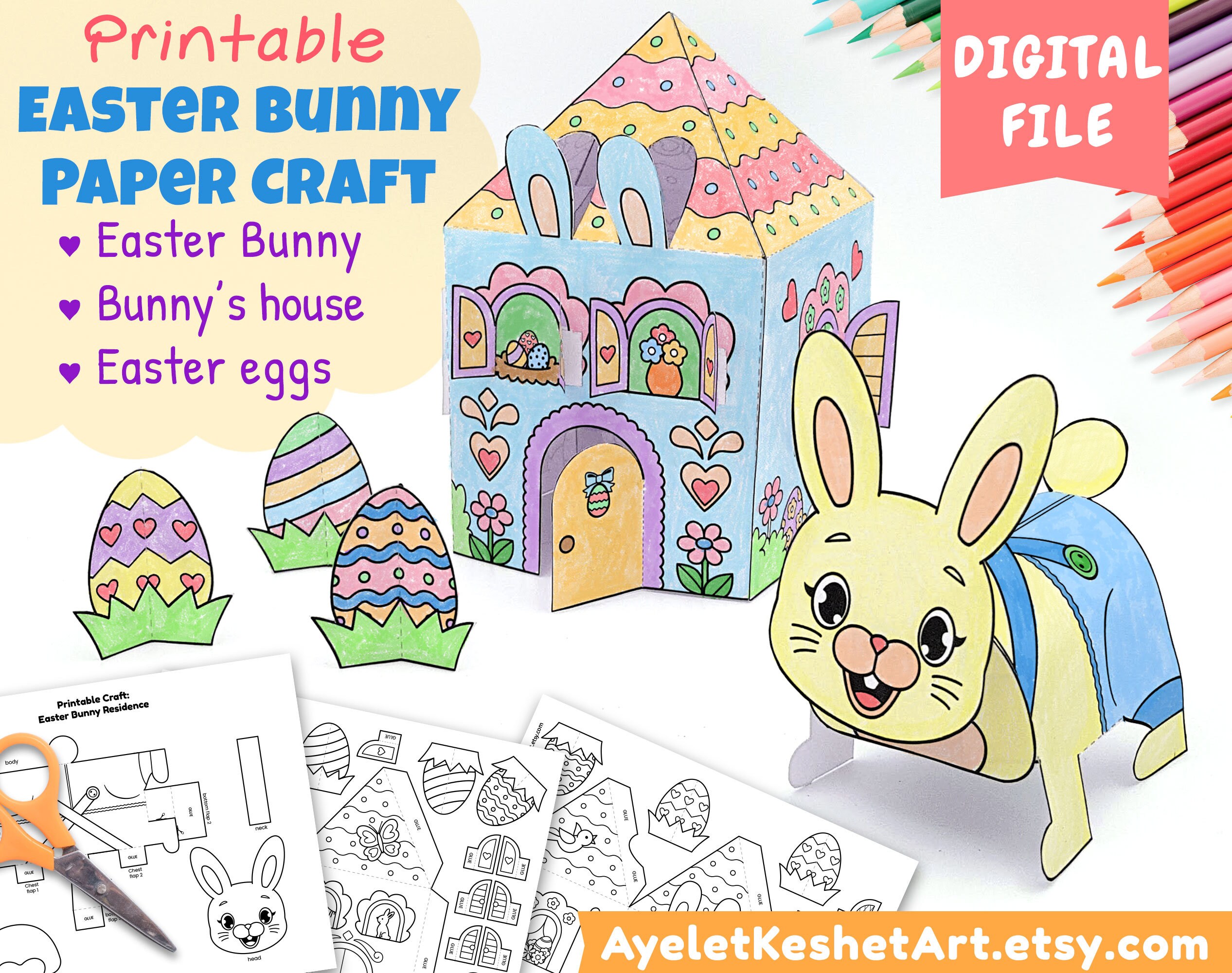 Easter Bunny Paper Craft With a House and Easter Eggs. Printable Easter ...