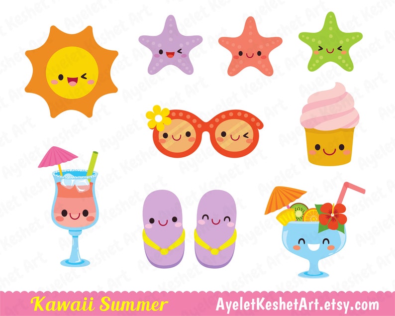 Summer Clipart Set With Cute Kawaii Cartoon Characters. 34 Digital ...