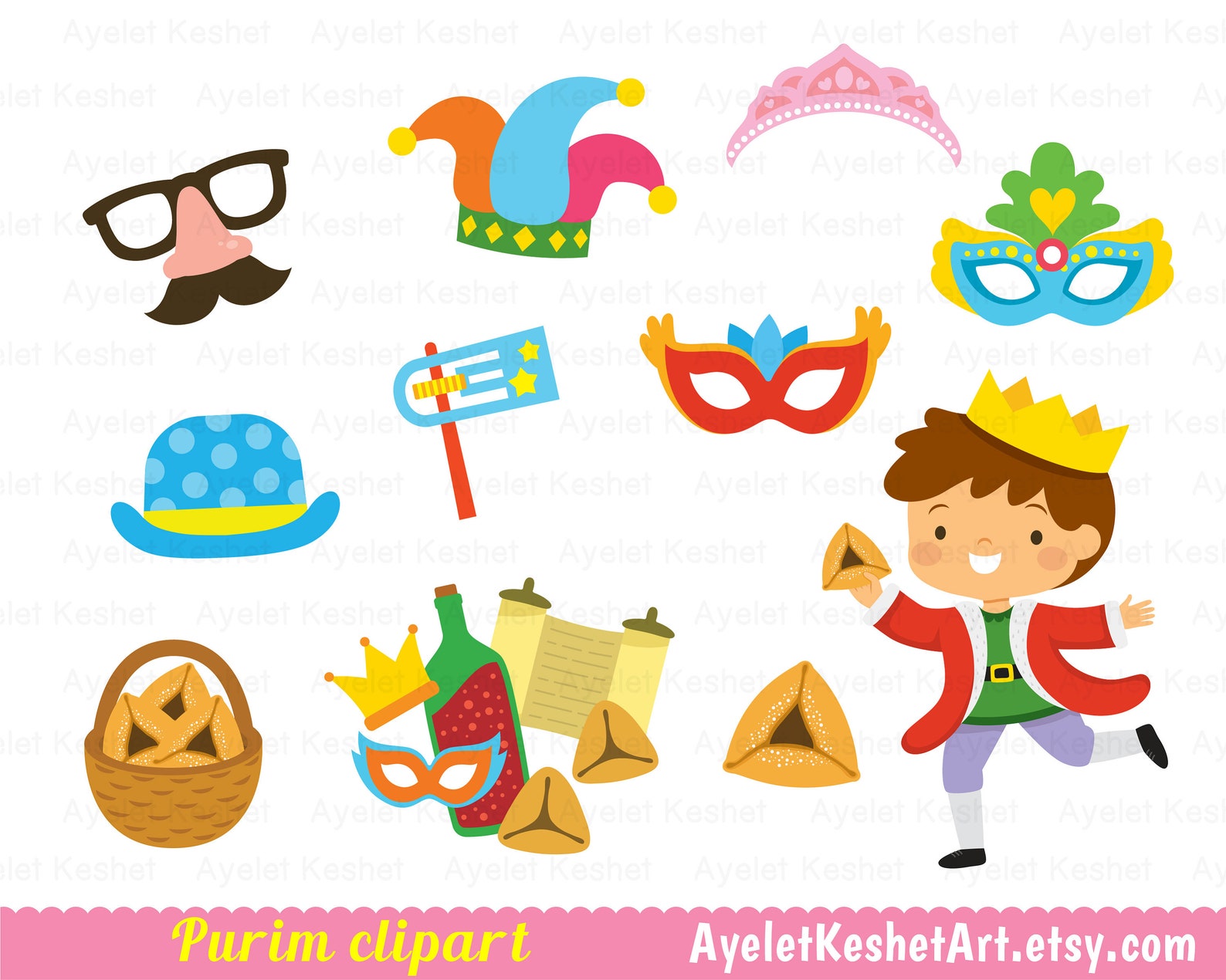 Purim Clipart Bundle. Cute Cartoons With Purim Symbols and Kids, for ...