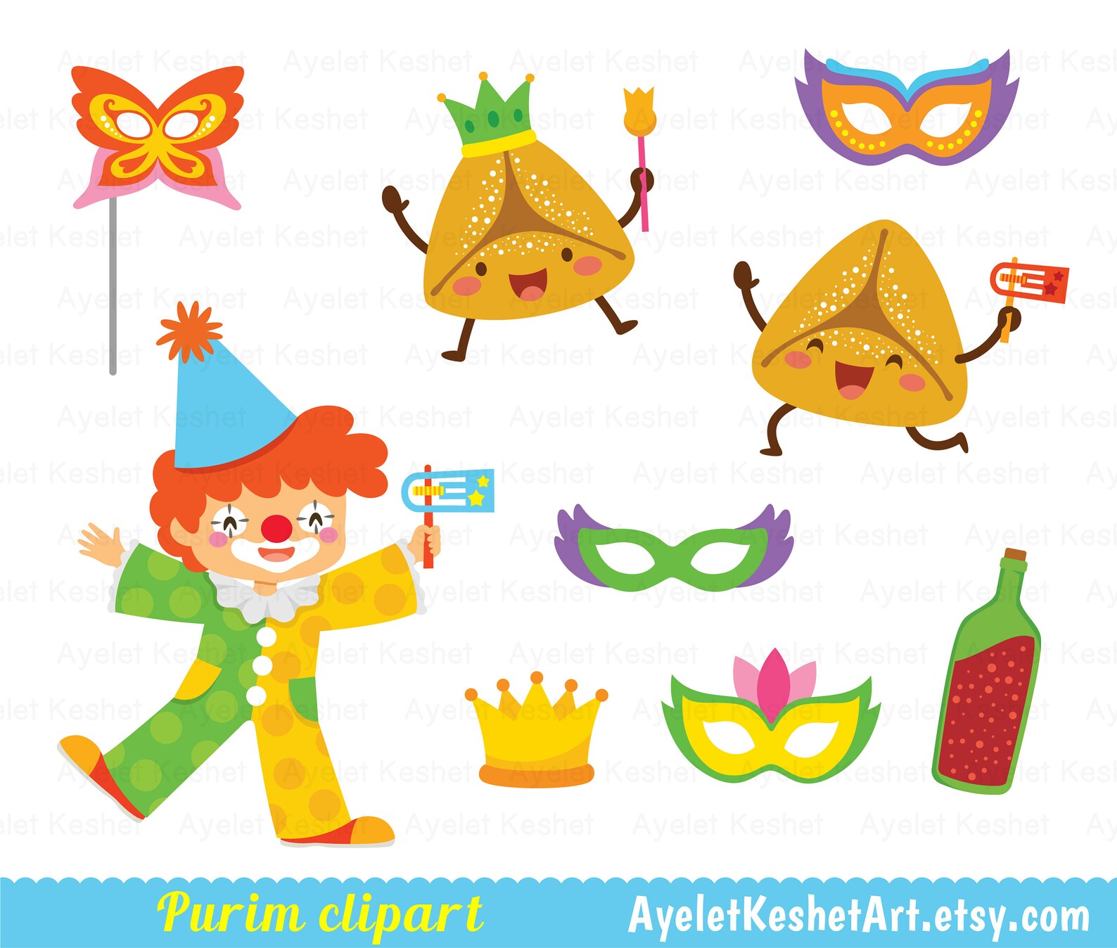 Purim Clipart Bundle. Cute Cartoons With Purim Symbols and Kids, for ...