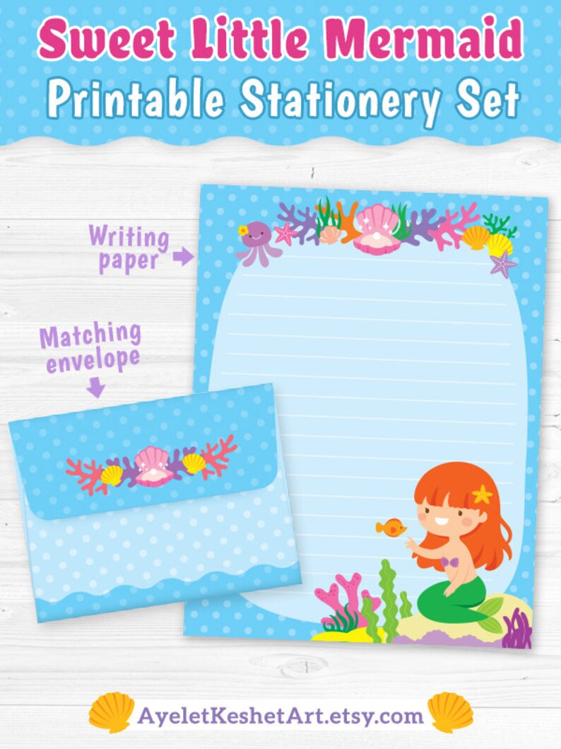 Printable Writing Paper Sweet Little Mermaid | Kawaii Stationery Illustrated Letter Paper ...