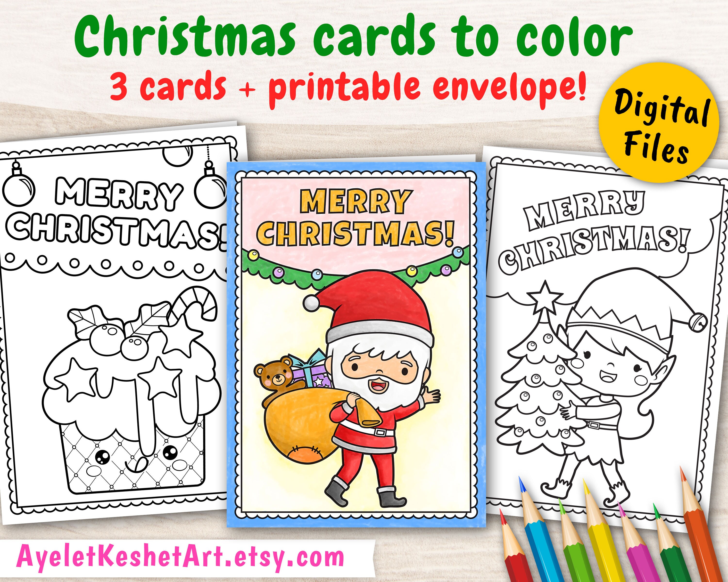 Christmas Coloring Cards & Envelope. 3 Coloring Pages of Merry - Etsy ...