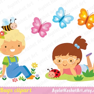Bugs Clipart Set. Cute Bugs and Kids Enjoying Spring and Nature. SVG ...