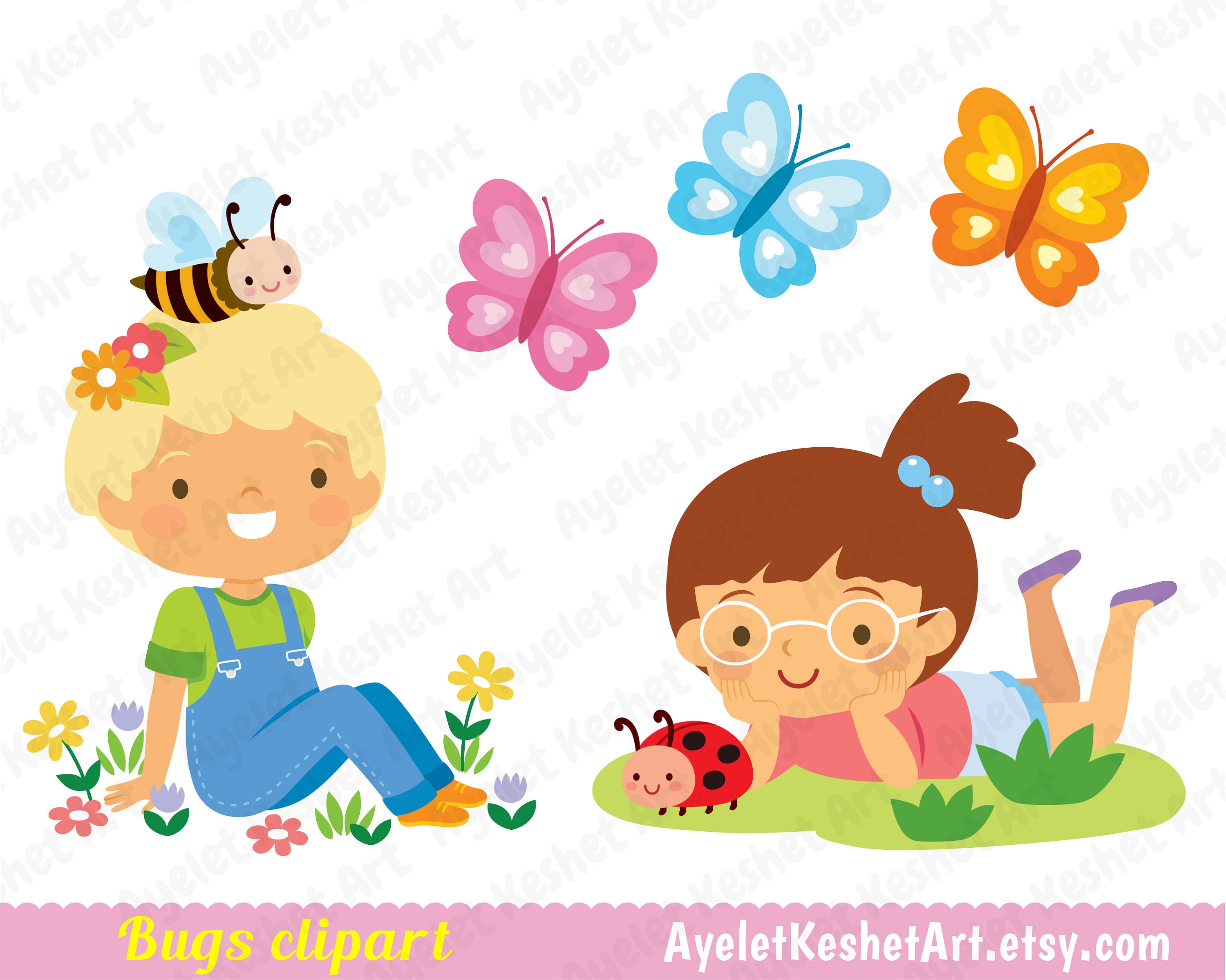 Bugs Clipart Set. Cute Bugs and Kids Enjoying Spring and Nature. SVG ...
