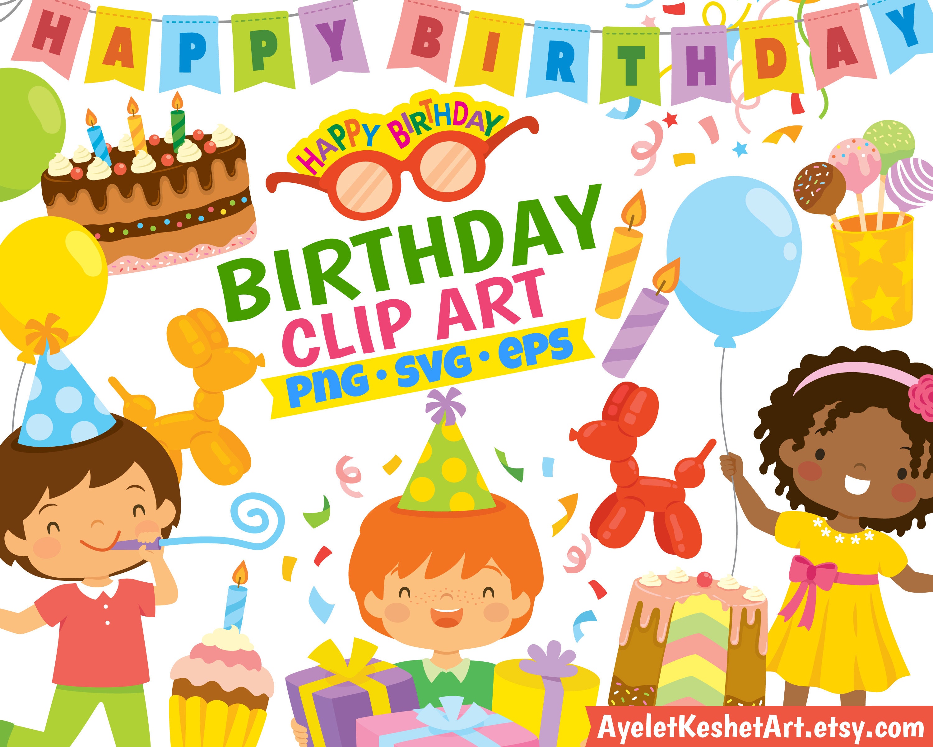 Birthday Clipart Bundle. Birthday Cake, Balloons, Presents and Kids ...