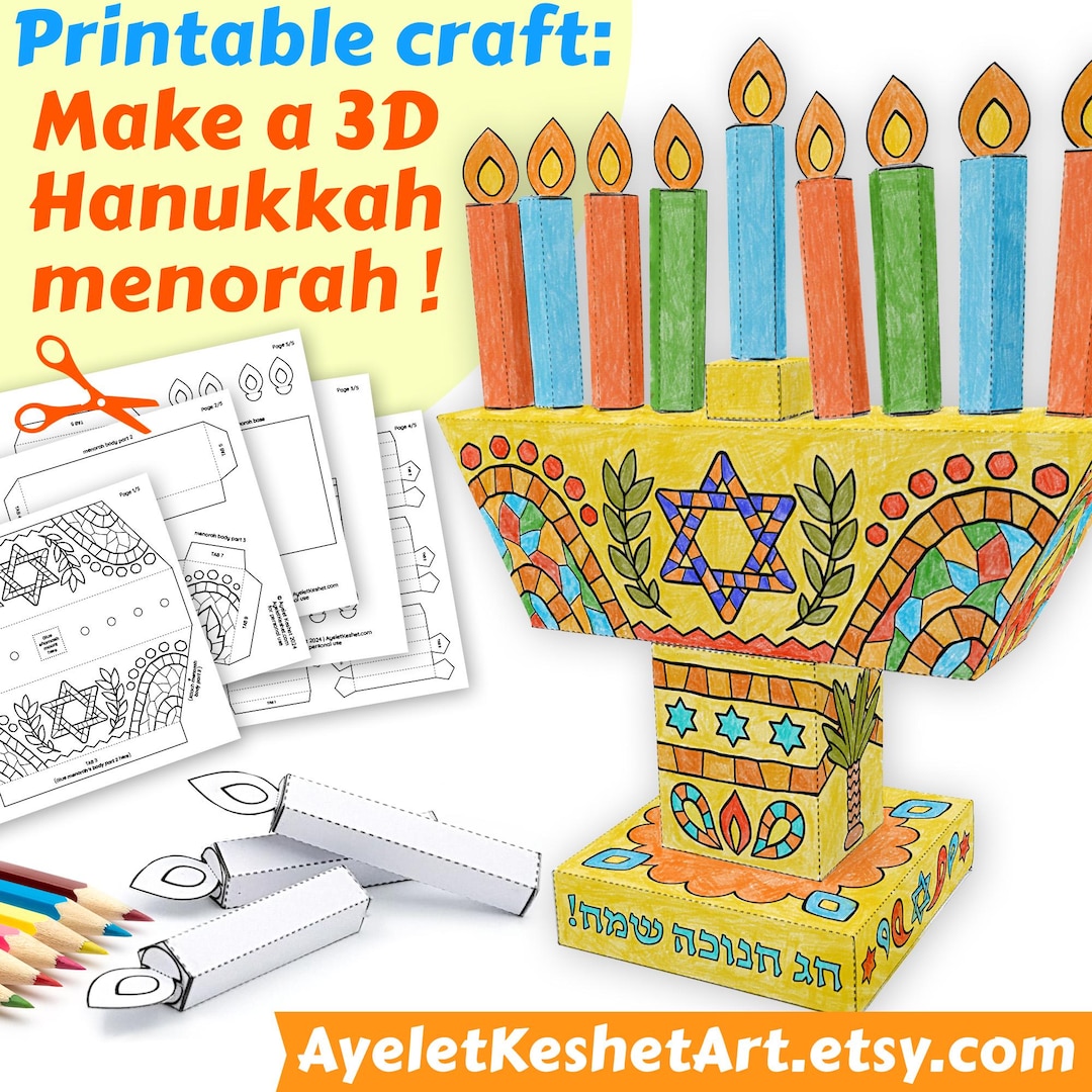 Printable Hanukkah Craft: 3D Paper Menorah (hanukkiah) for Kids to Make ...