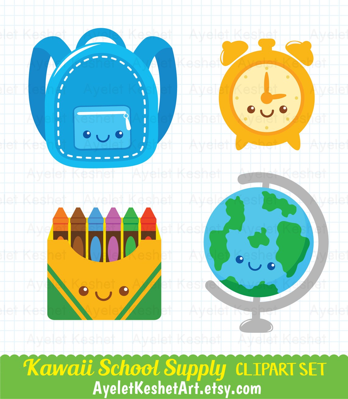Kawaii school clipart set. Cute digital clipart bundle for | Etsy
