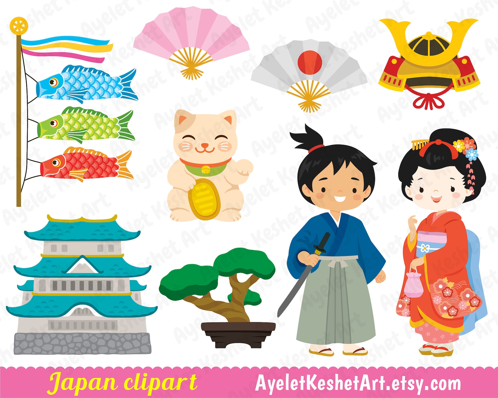 Japan Clipart Bundle. Cute Japanese Items, Japan Symbols, Geisha ...