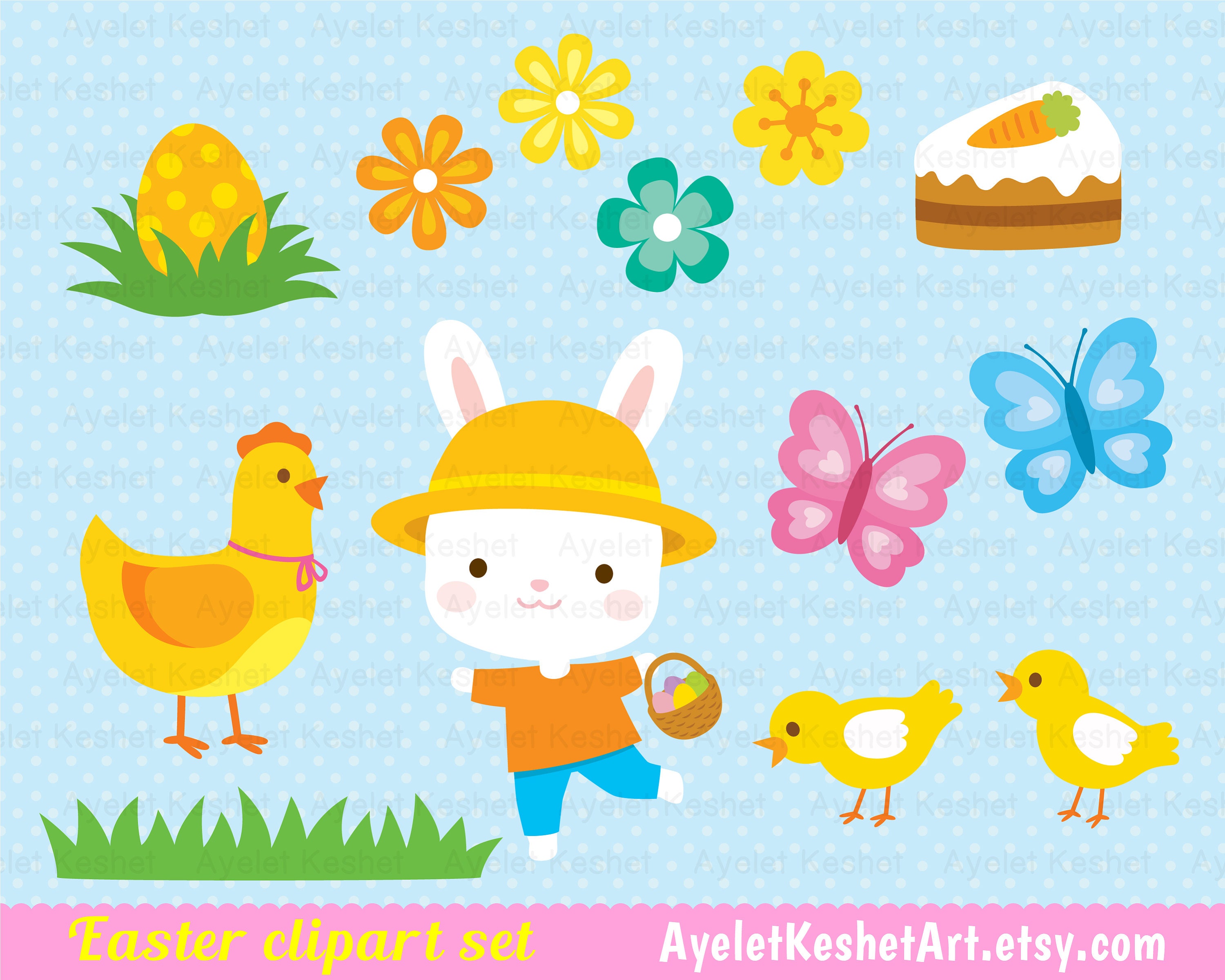Cute Easter Clipart Bundle. Cute Easter Bunnies, Easter Eggs and Spring ...