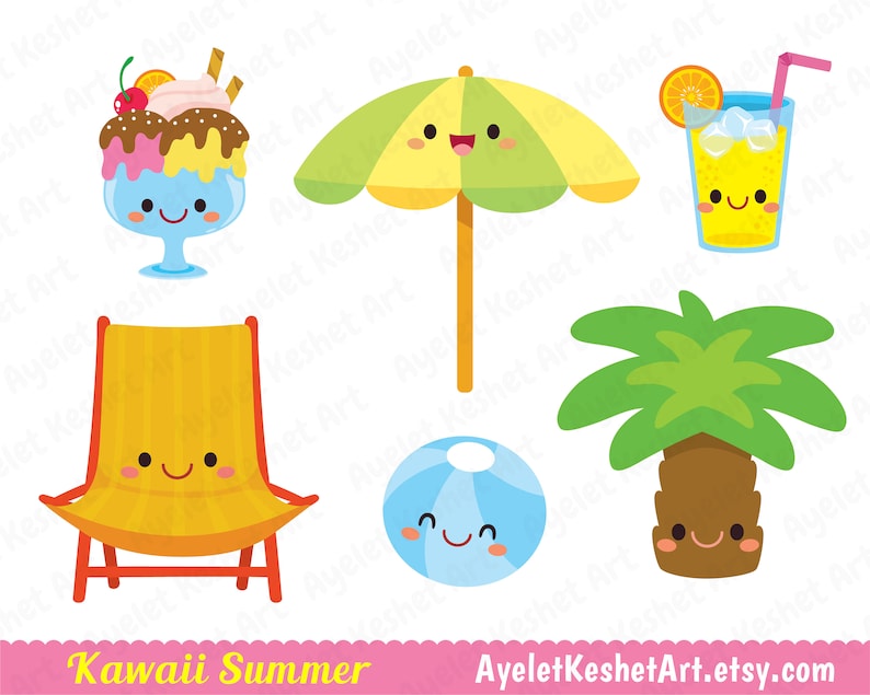 Summer Clipart Set With Cute Kawaii Cartoon Characters. 34 Digital ...