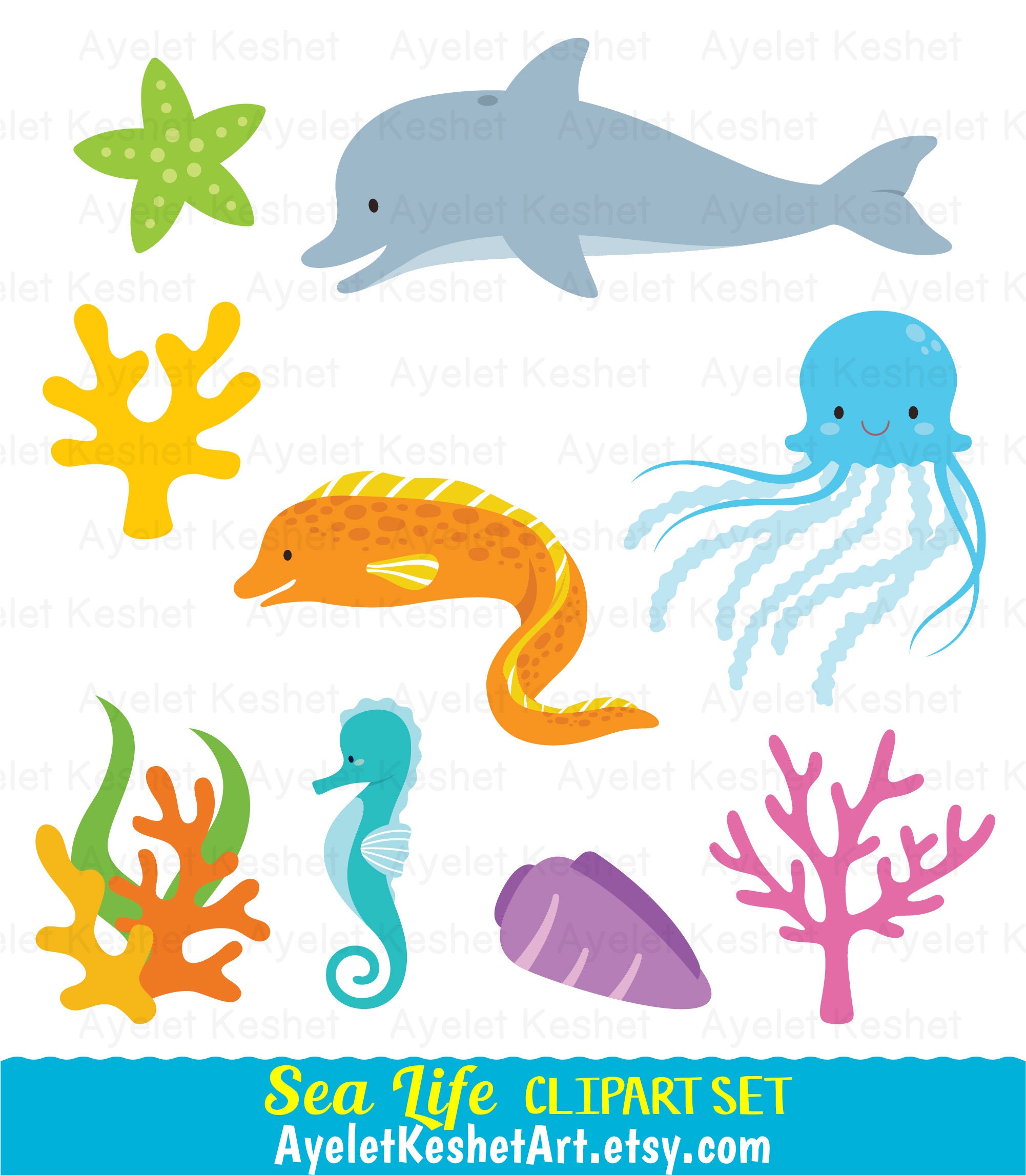 Sea Life Clipart Set. Ocean Animals and Summer Clipart Bundle - Etsy Israel