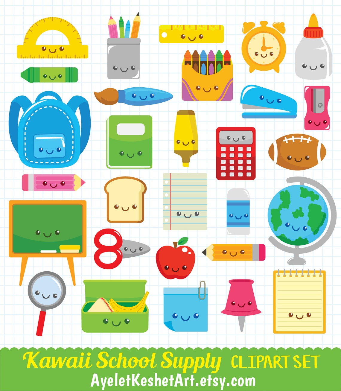Kawaii School Clipart Set. Cute Digital Clipart Bundle for - Etsy