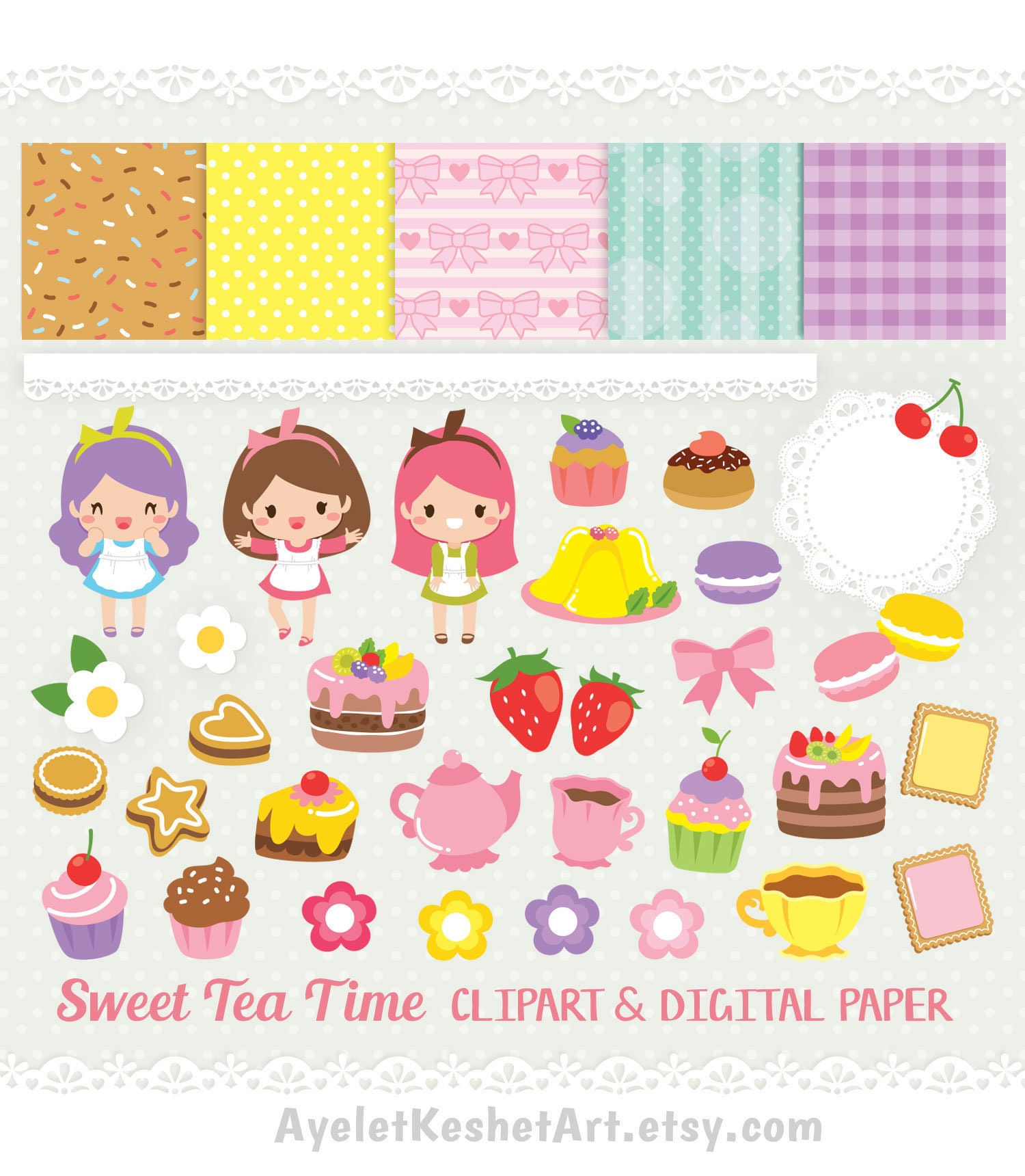 Digital Clip Art Set and Digital Paper Cute Tea Party. Kawaii Clip Art ...