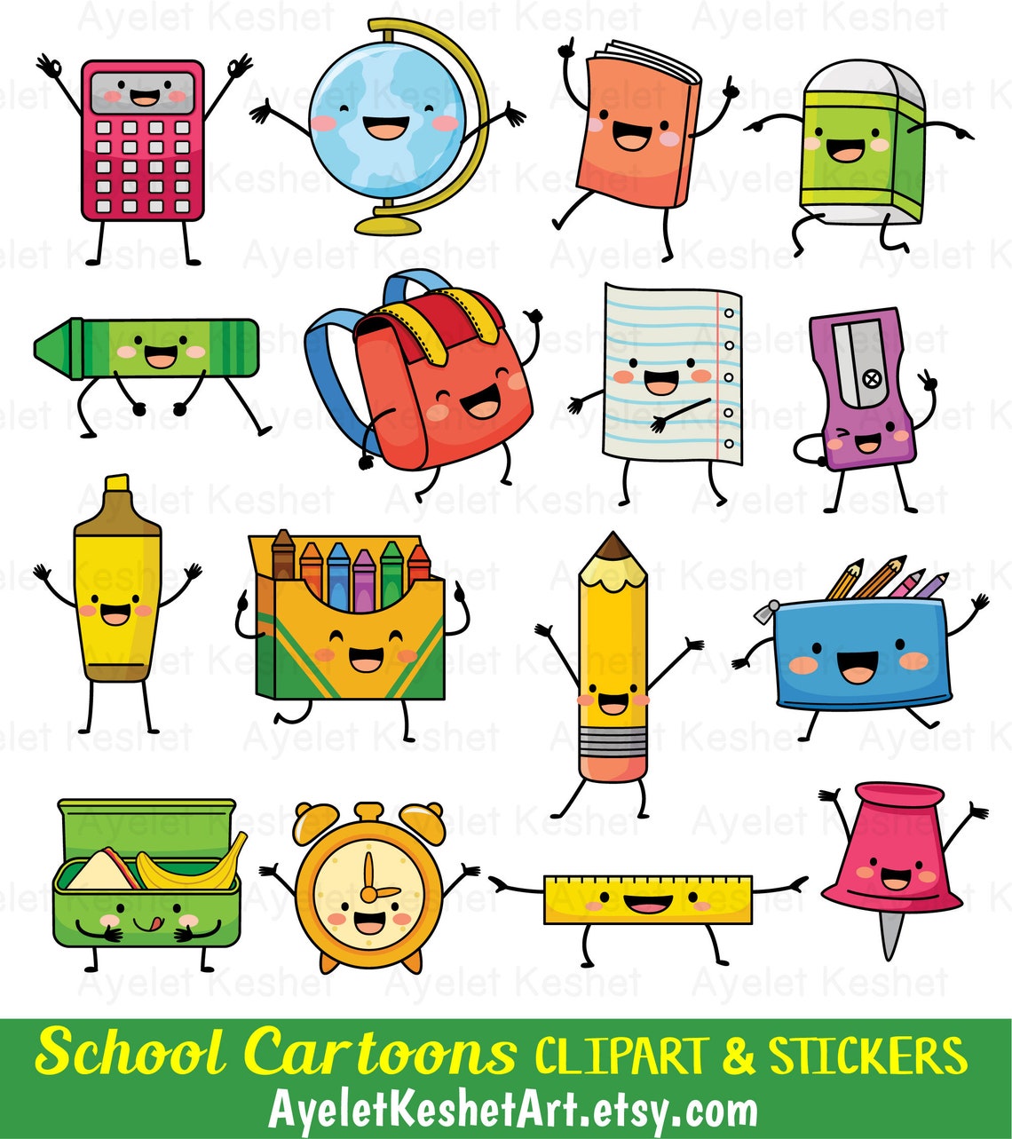 Cute school clipart set and printable stickers. Cute digital | Etsy