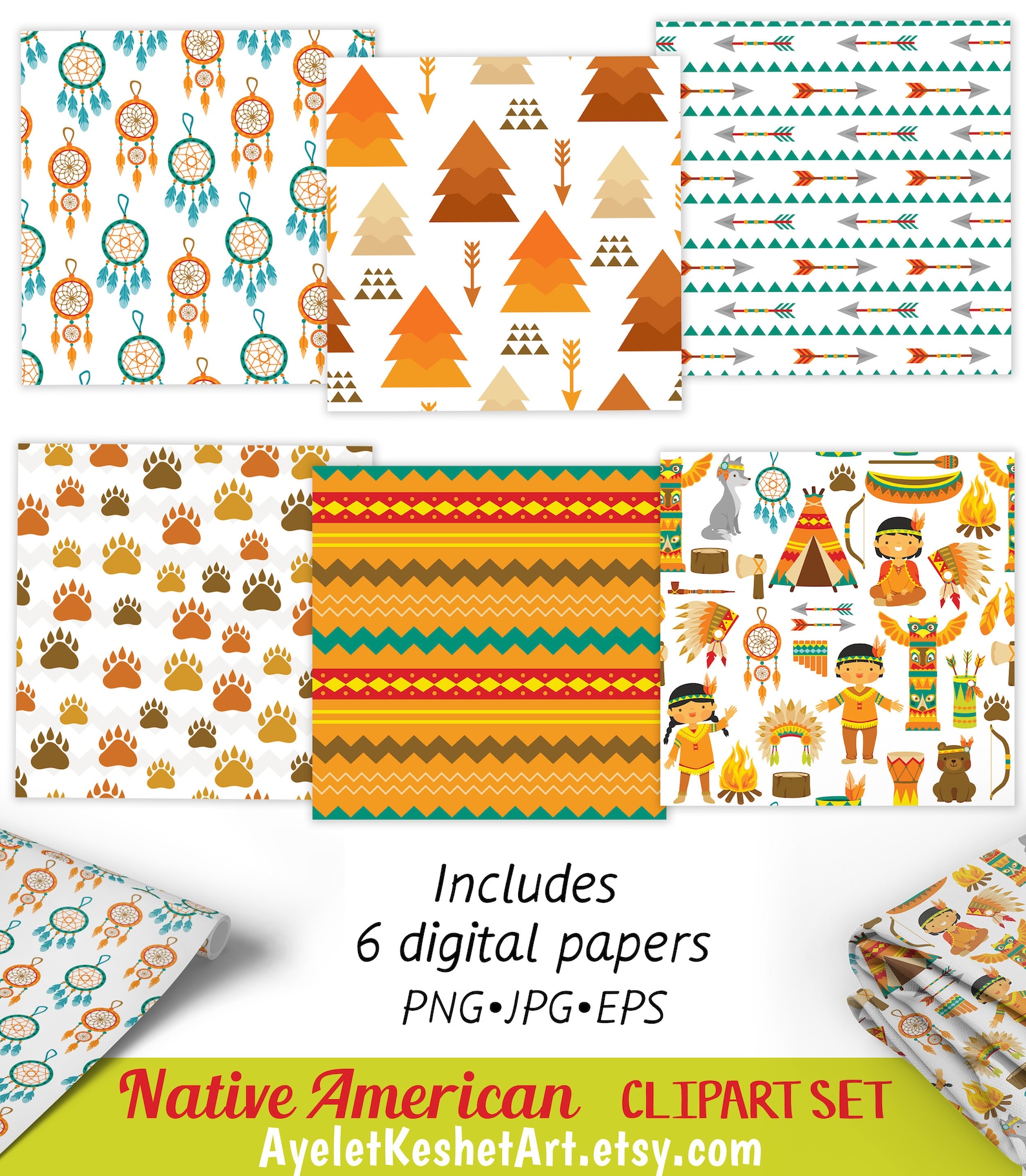 Native American Inspired Clipart With Digital Papers. Cute Indian ...