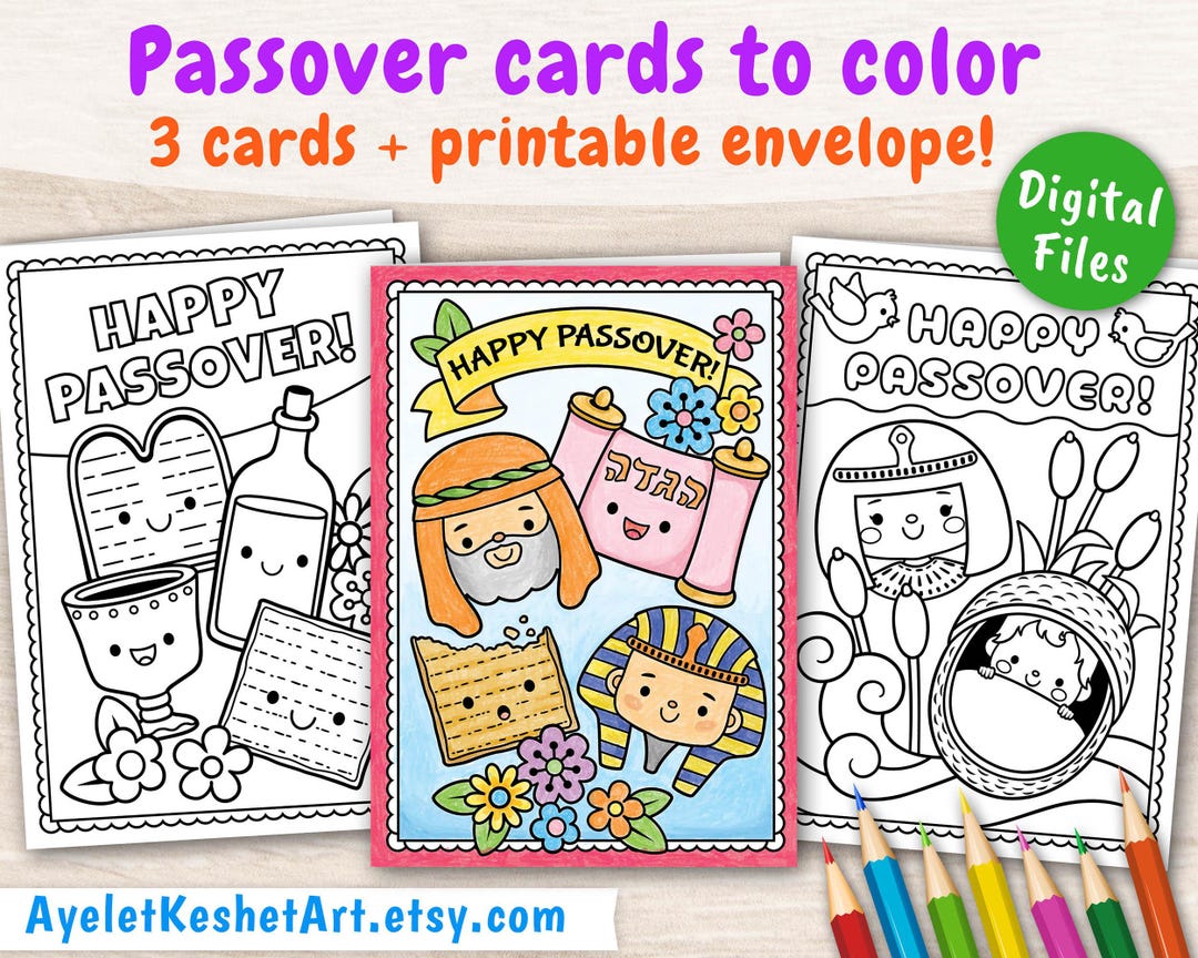 Passover Cards to Color. 3 Coloring Pages of Happy Passover Cards, to ...