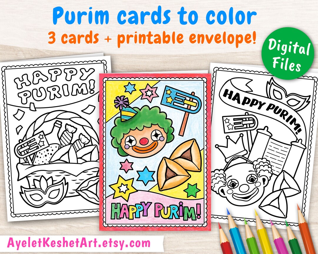 Purim Cards to Color. 3 Coloring Pages of Happy Purim Cards, Plus ...