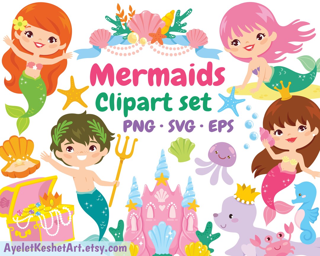 Mermaids Clipart Bundle. Cute Mermaids and Mermen in a Magical Sea ...