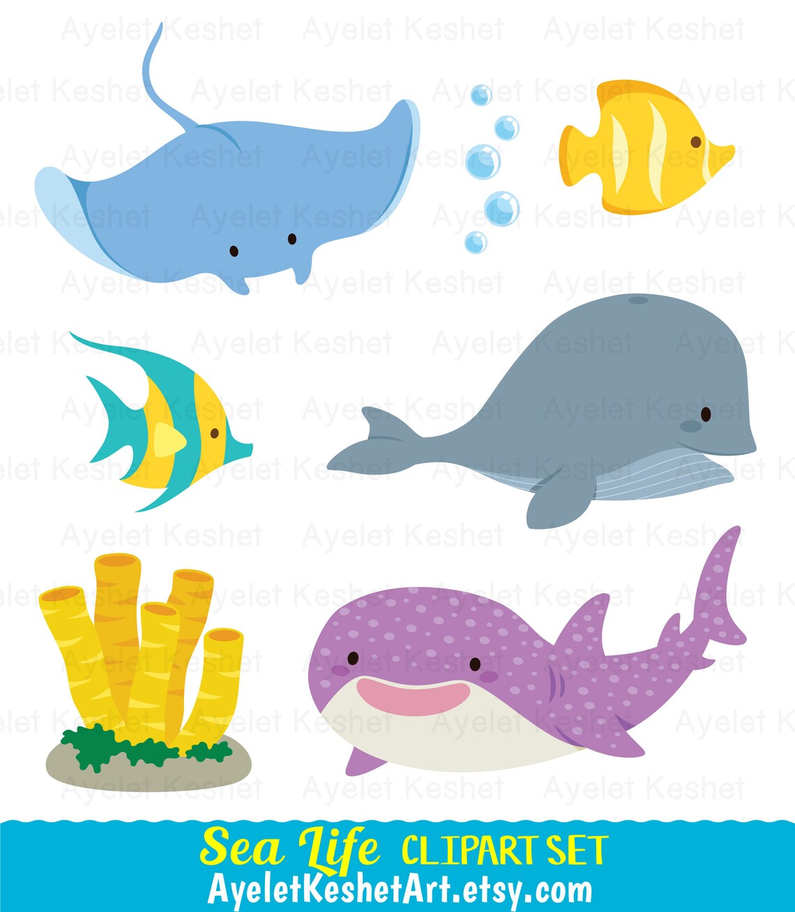 Sea Life Clipart Set. Ocean Animals and Summer Clipart Bundle - Etsy Israel