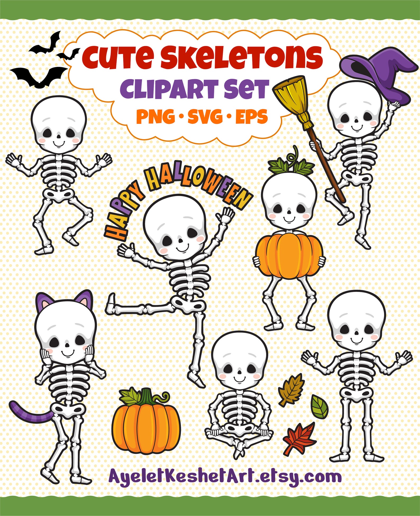 Spooky Cute Halloween Skeletons Clipart Set PNG SVG EPS - Etsy Israel