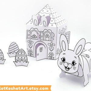 Easter Bunny Paper Craft With a House and Easter Eggs. Printable Easter ...