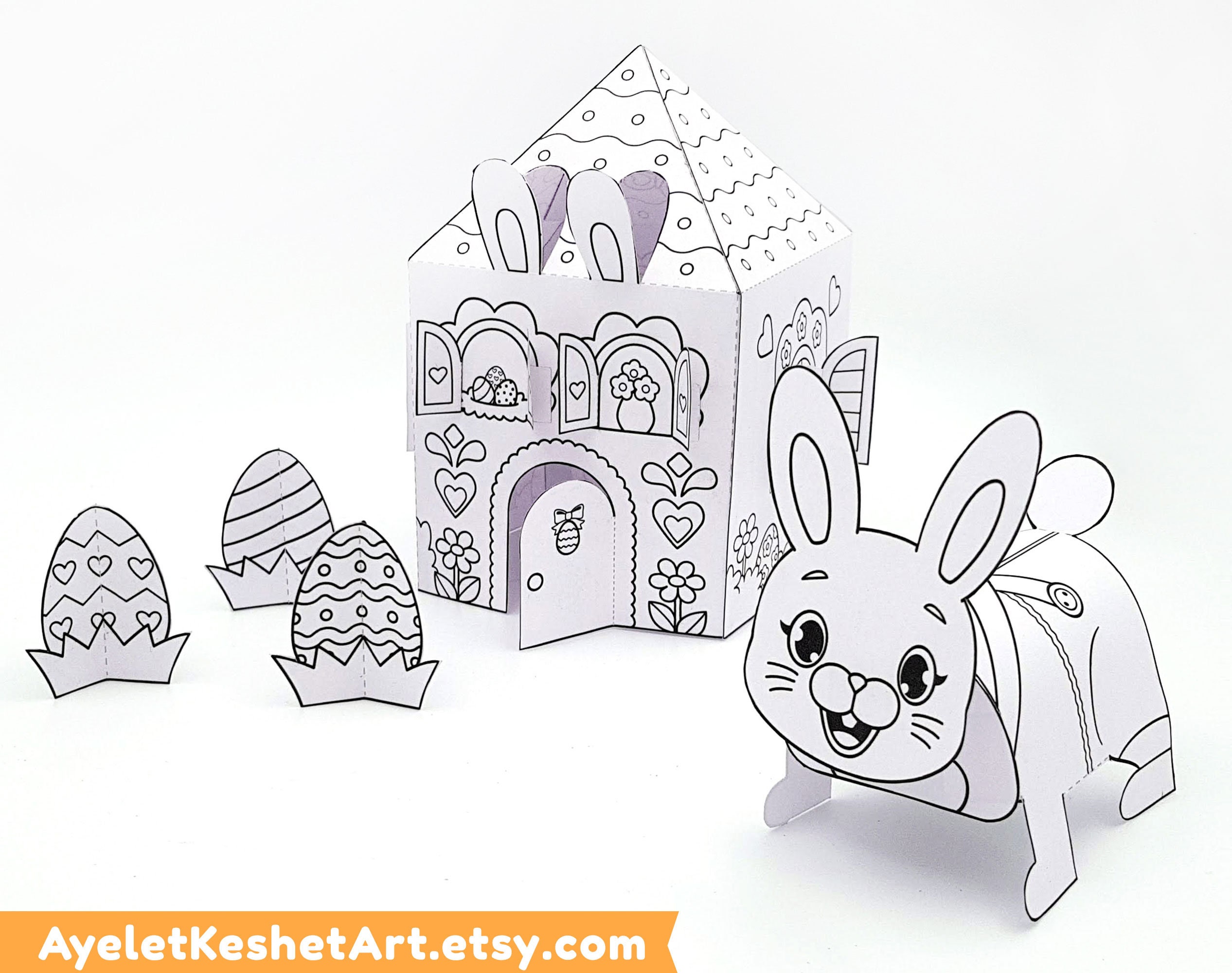Easter Bunny Paper Craft With a House and Easter Eggs. Printable Easter ...