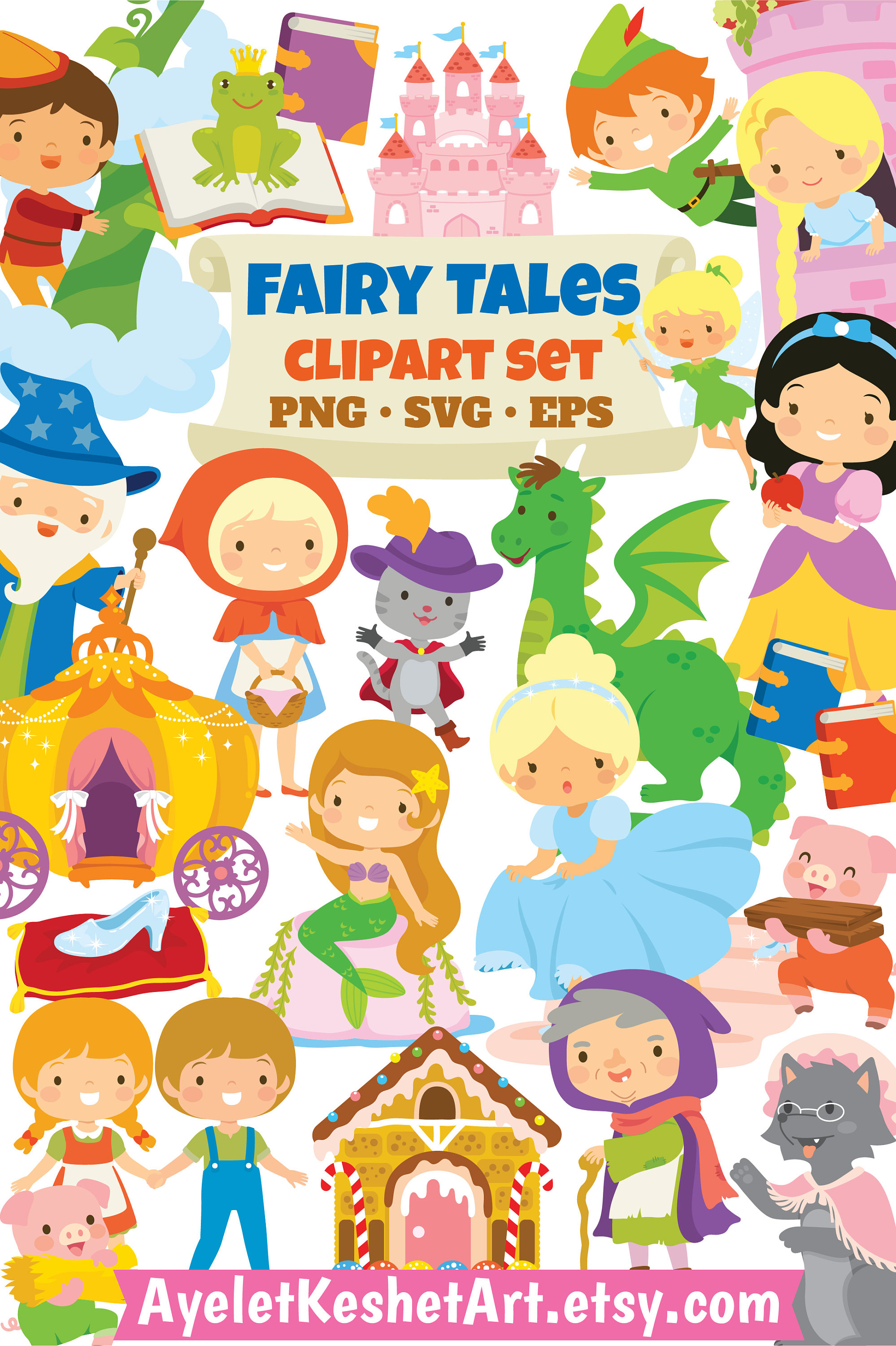 Fairy Tale Clipart Set. Cinderella, Snow White and Other Characters ...