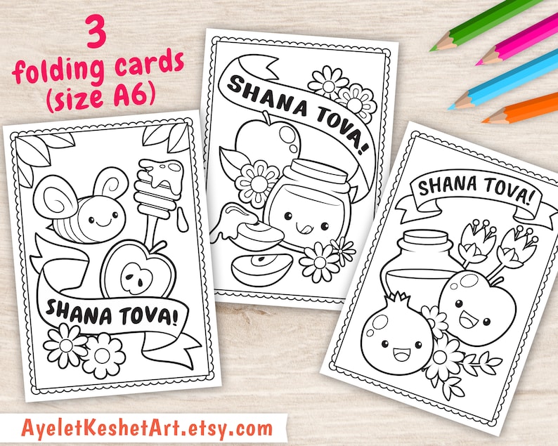Rosh Hashanah Cards to Color. 3 Coloring Pages of Shana Tova Cards ...