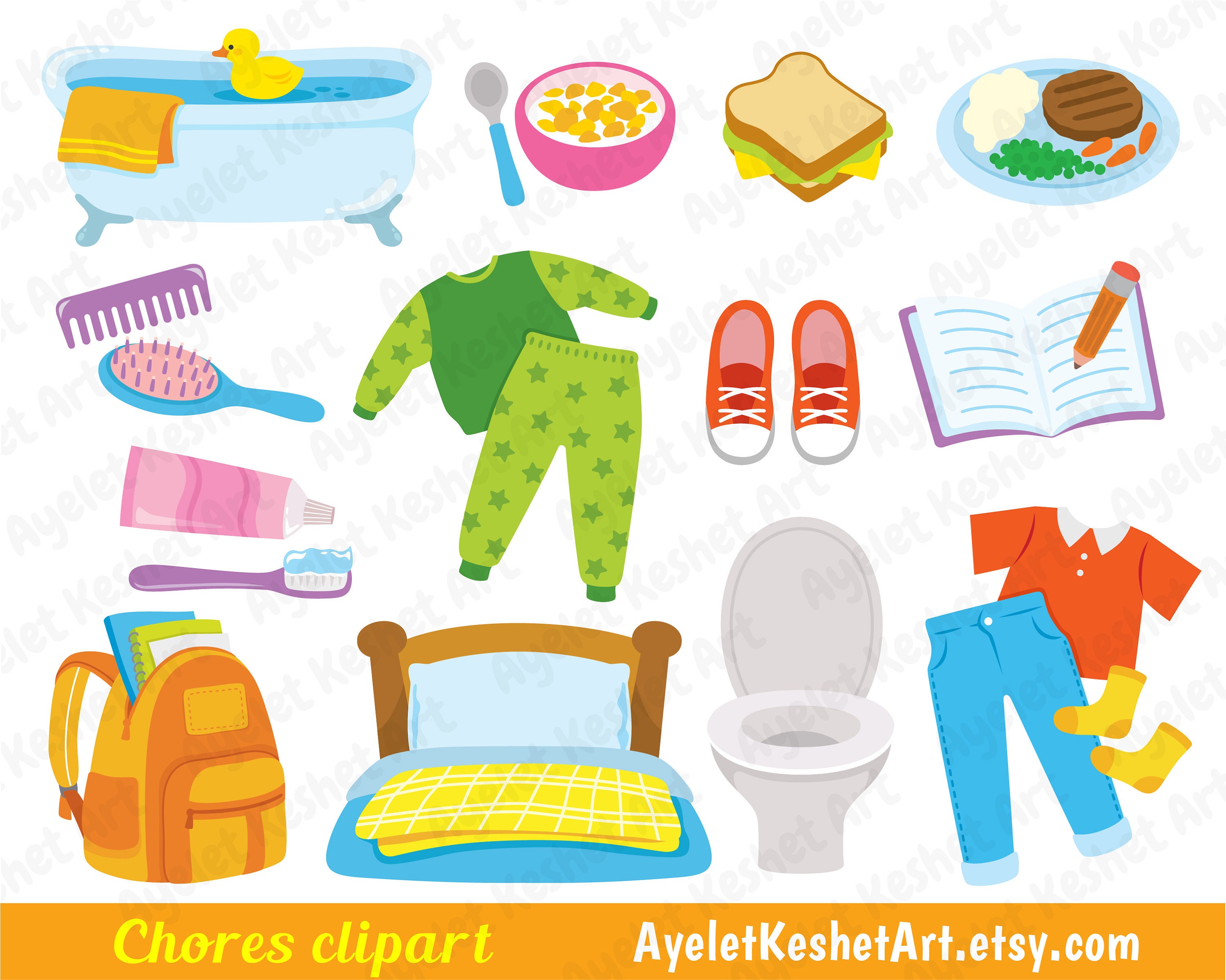 Chores Clipart Set With Icons of Housework and Responsibilities for ...