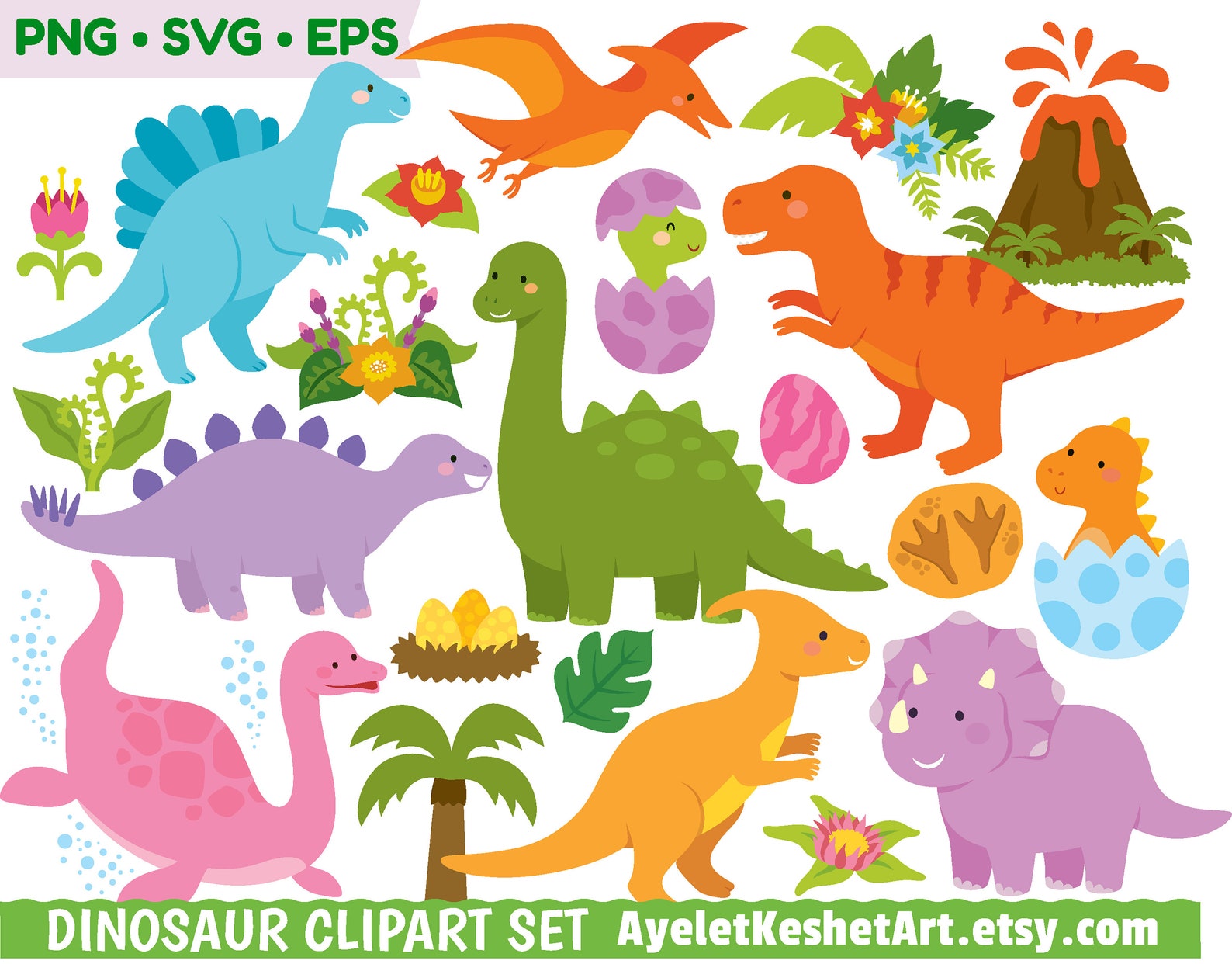 Dinosaur Clipart Set. Cute Dinosaurs Clipart Bundle for Personal ...