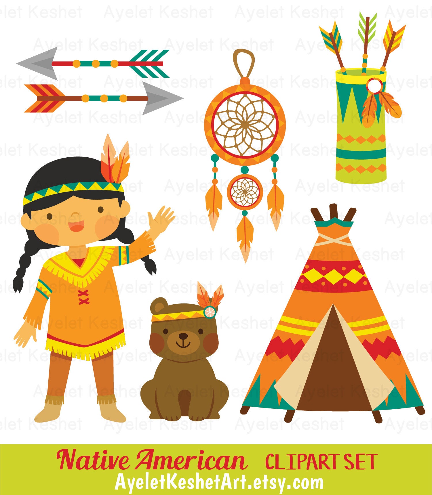 Native American Inspired Clipart With Digital Papers. Cute Indian ...