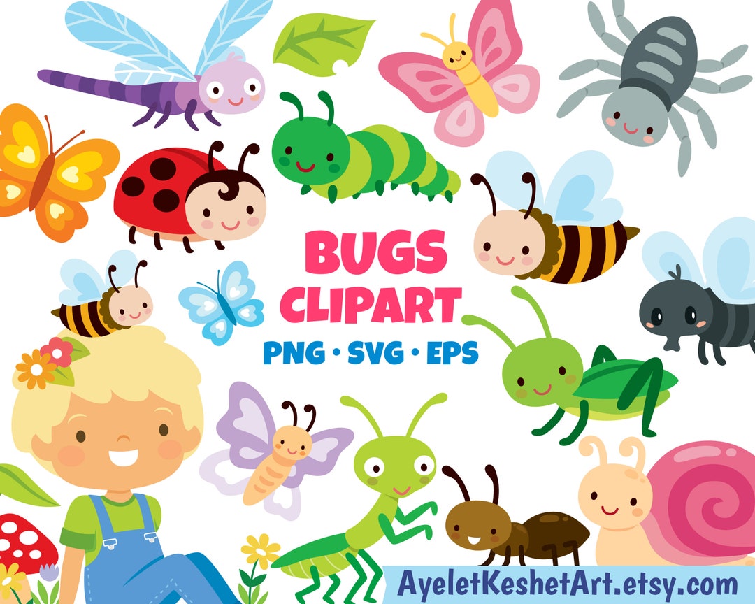 Bugs Clipart Set. Cute Bugs and Kids Enjoying Spring and Nature. SVG ...