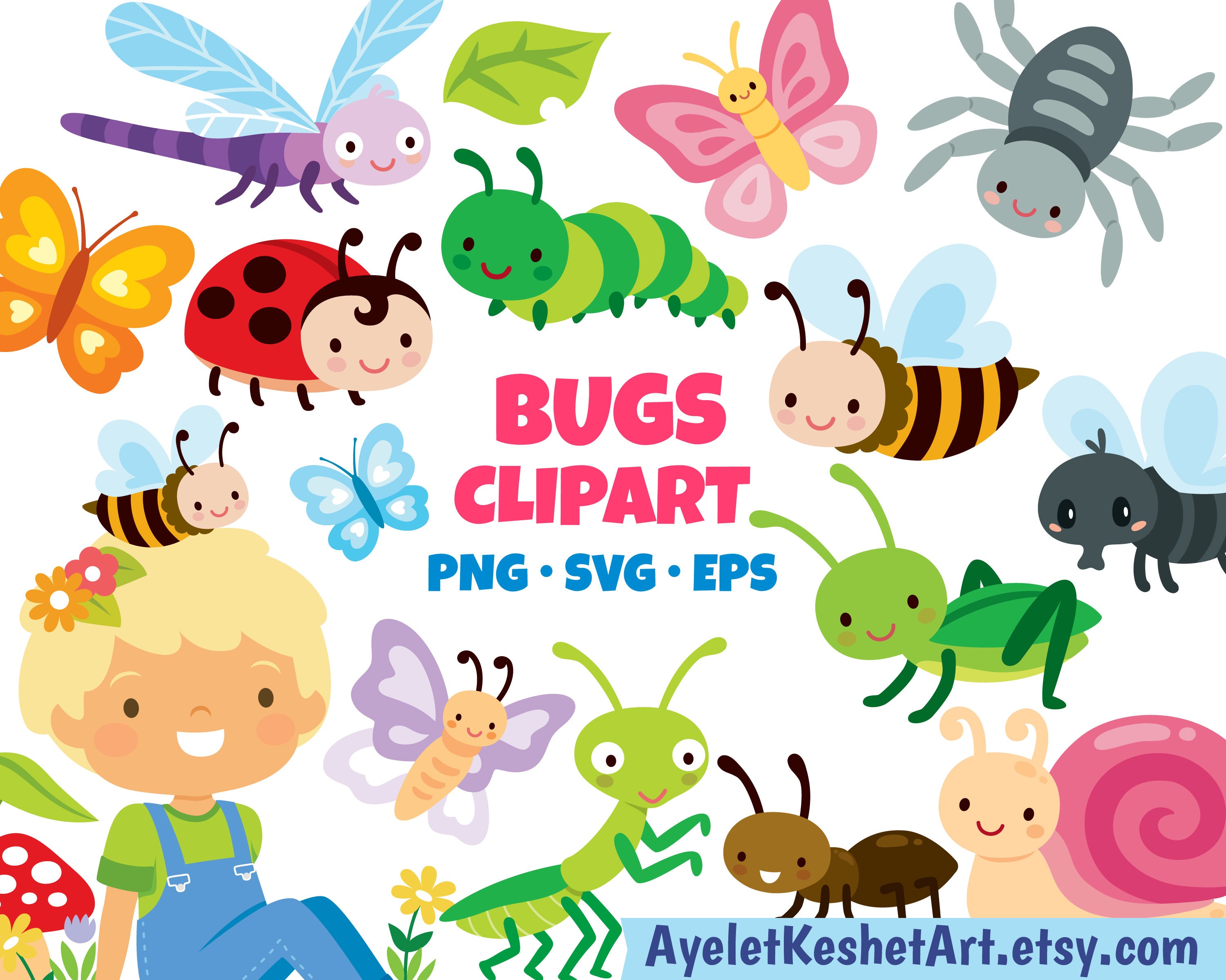 Bugs Clipart Set. Cute Bugs and Kids Enjoying Spring and Nature. SVG ...