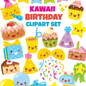 Kawaii Birthday Clipart Set. Cute Kawaii Characters of Birthday Party ...