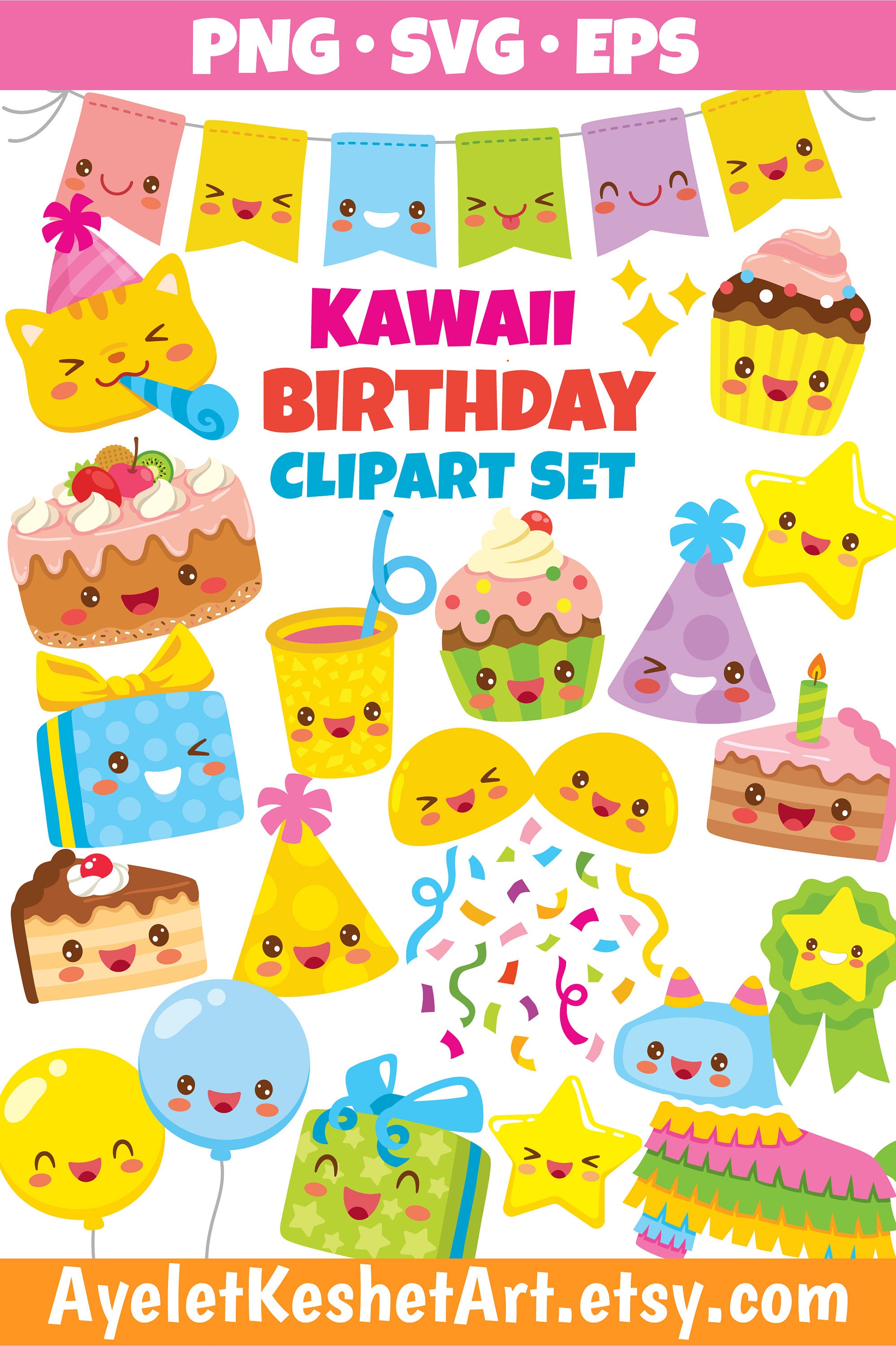 Kawaii Birthday Clipart Set. Cute Kawaii Characters of Birthday Party ...