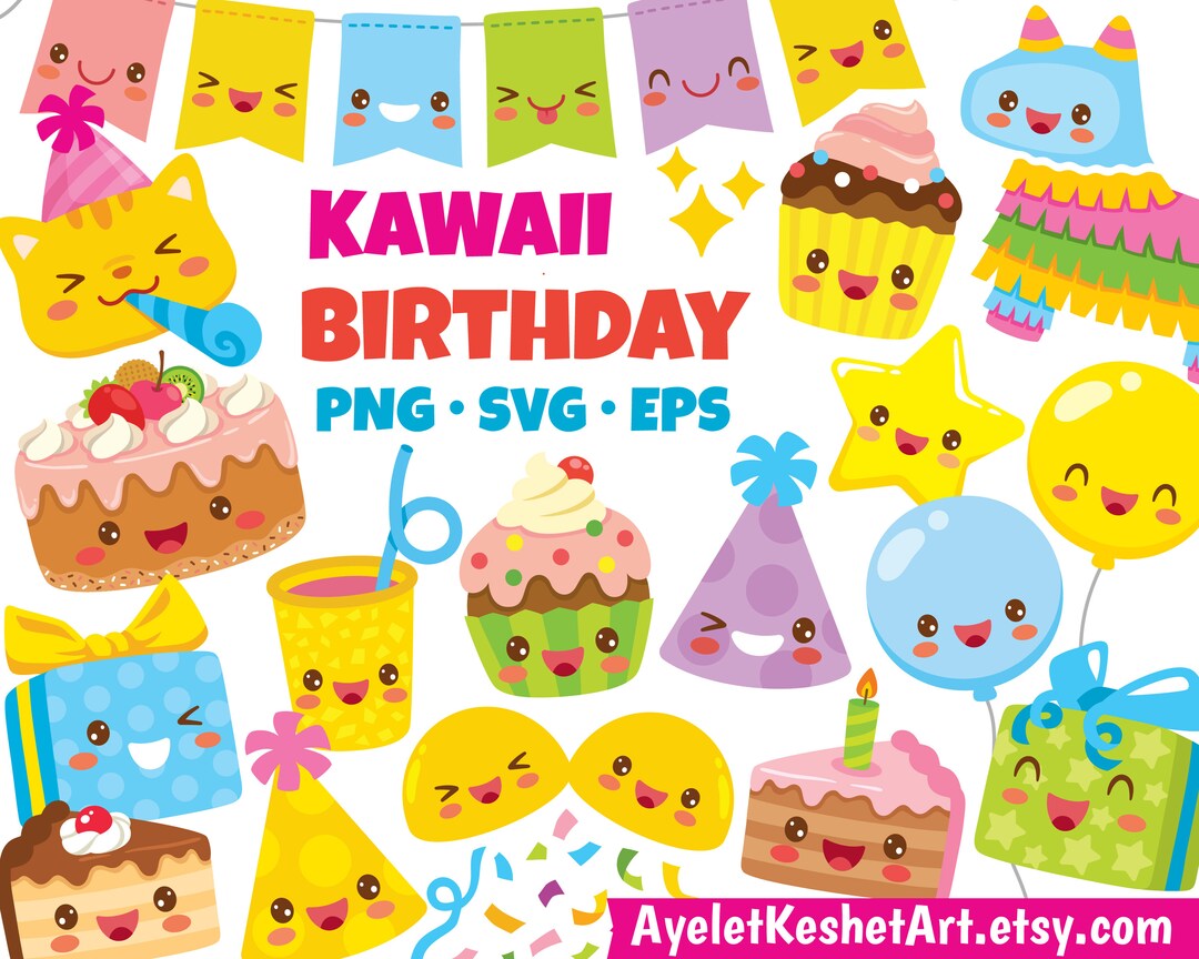 Kawaii Birthday Clipart Set. Cute Kawaii Characters of Birthday Party ...
