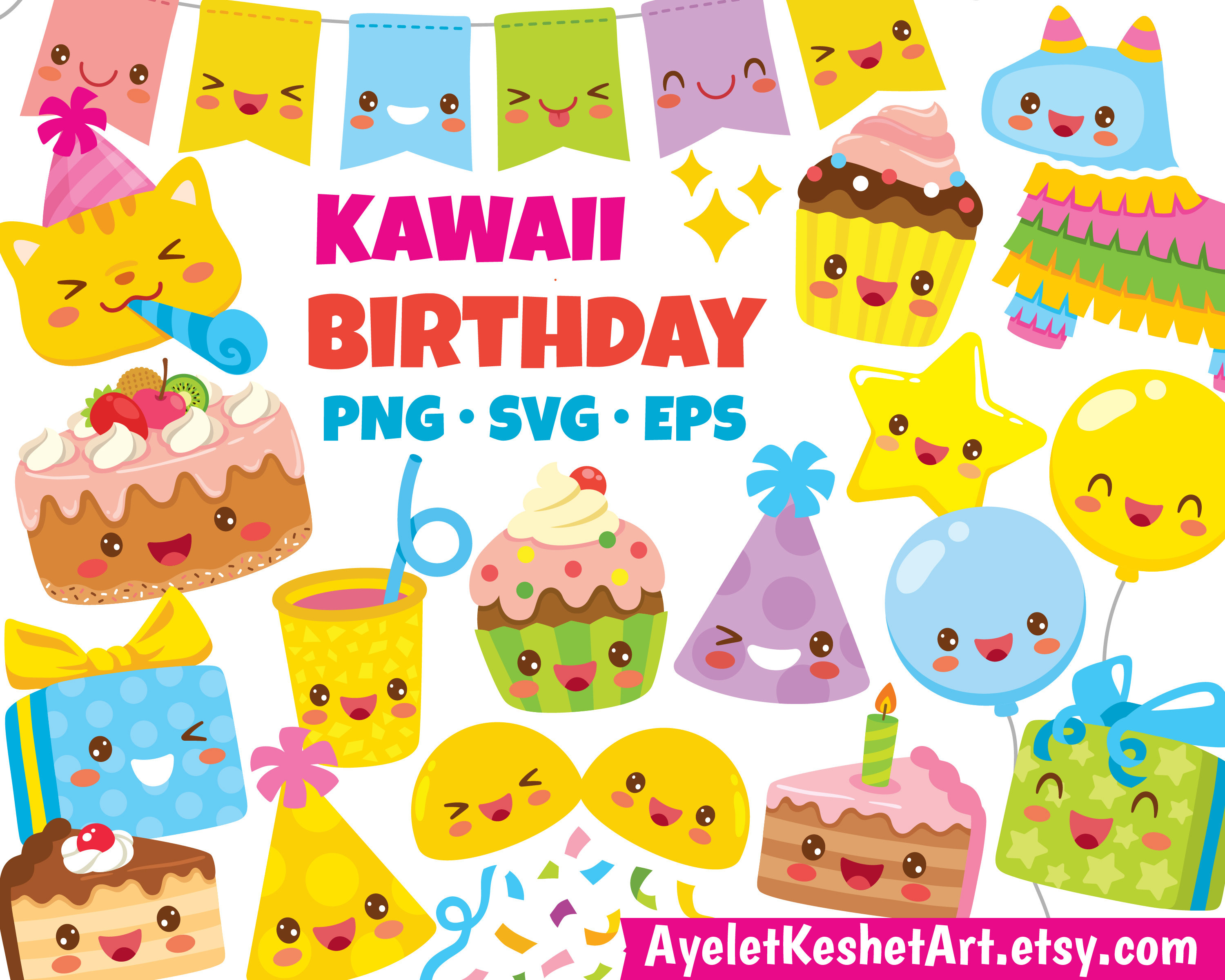 Kawaii Birthday Clipart Set. Cute Kawaii Characters of - Etsy