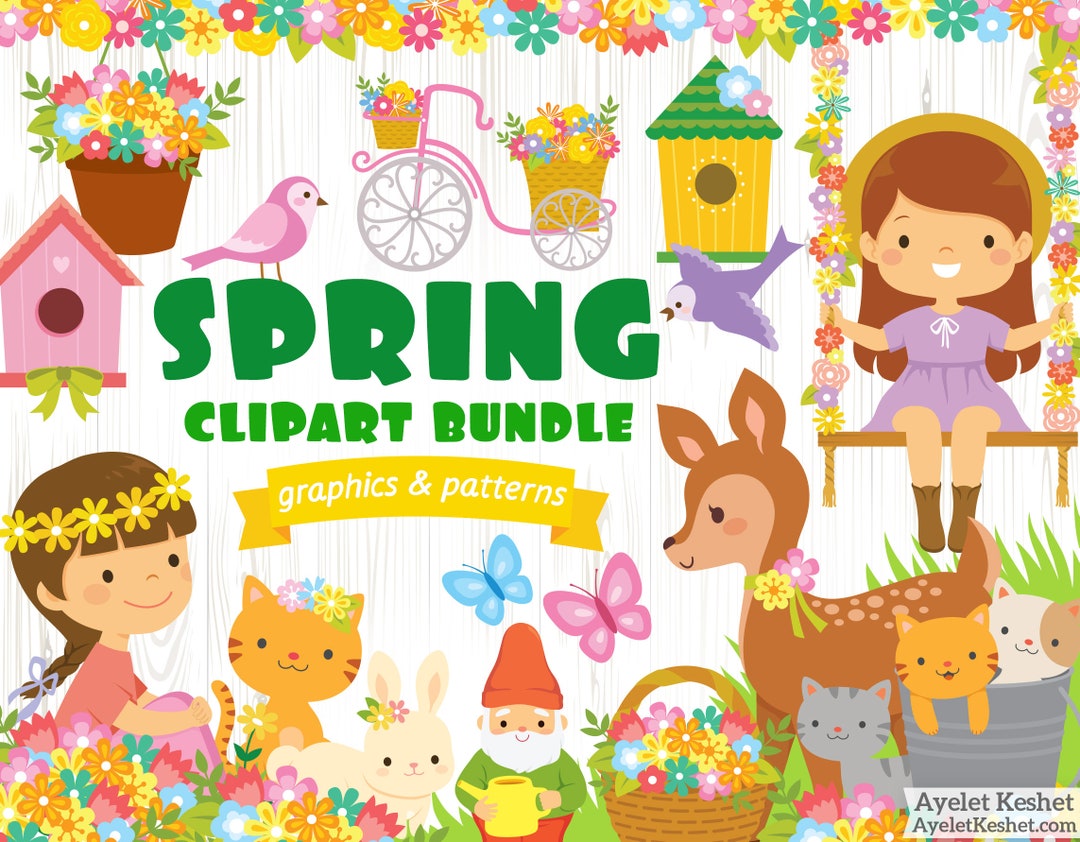 Spring Clipart Bundle. Cute Spring Illustrations and Digital Papers ...