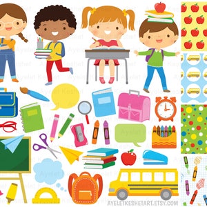 School Kids Clipart Set & Digital Paper. Digital Clipart Bundle for ...