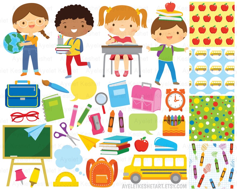 School Kids Clipart Set & Digital Paper. Digital Clipart Bundle for ...