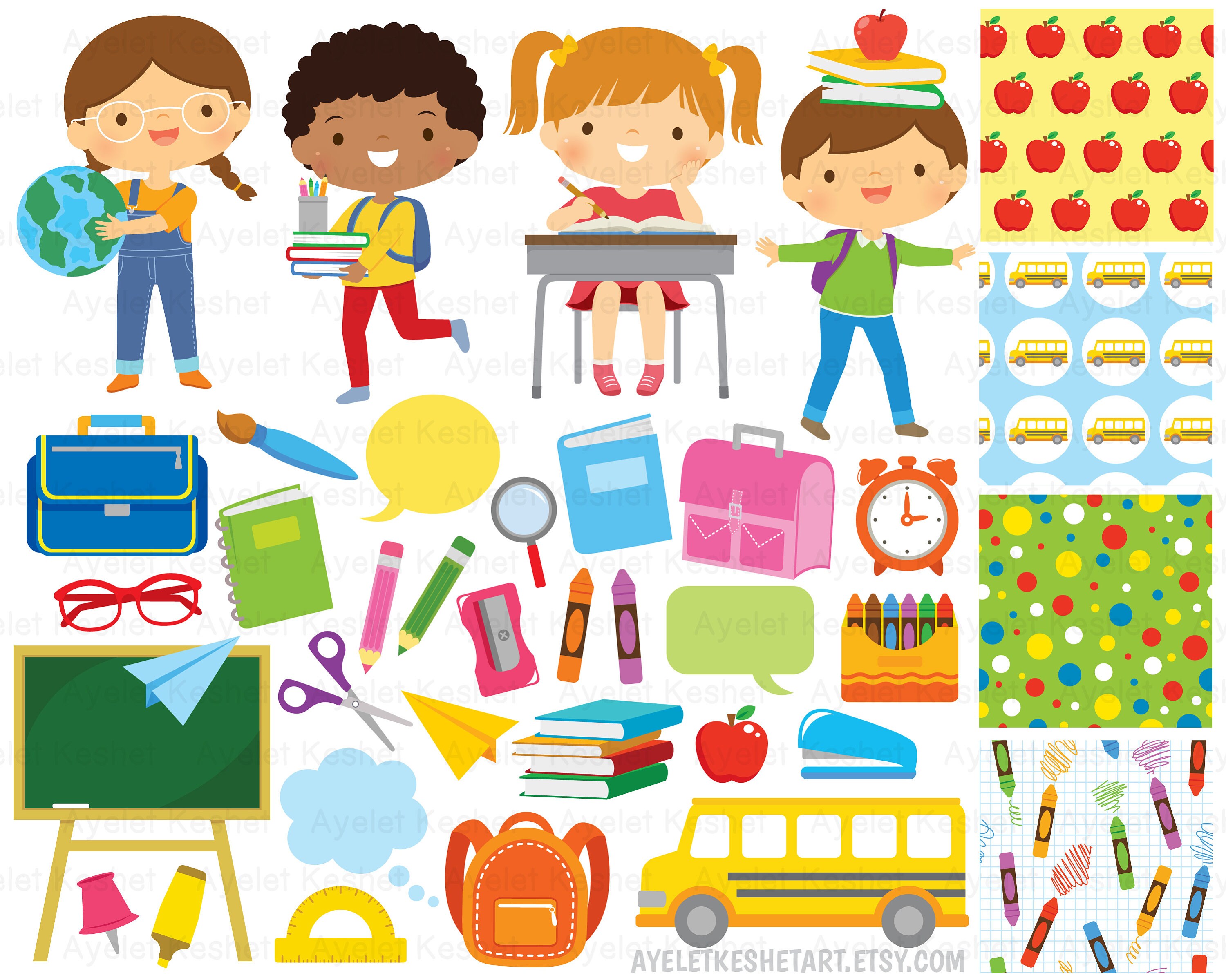 School Kids Clipart Set & Digital Paper. Digital Clipart - Etsy Israel