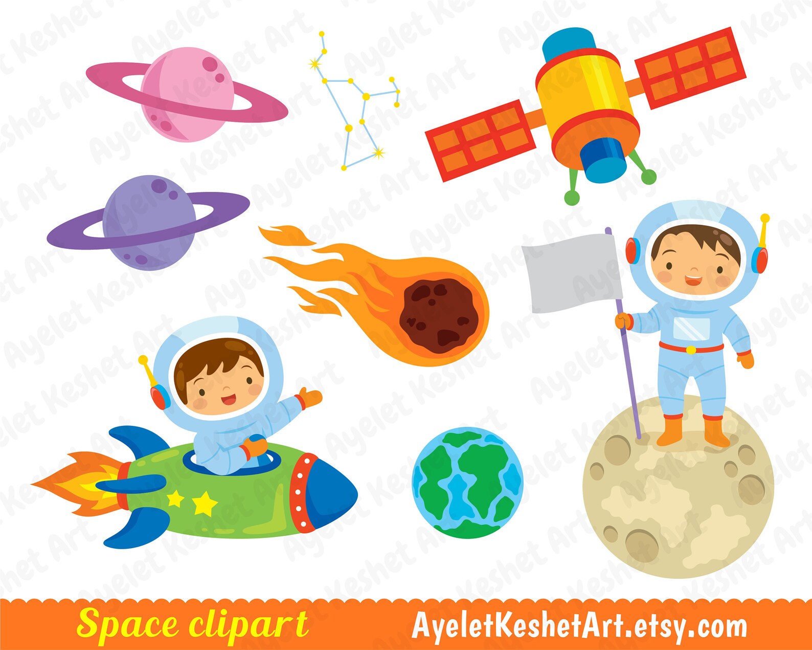 Outer Space Clipart Set. Cute Space Elements Spaceships, Aliens ...