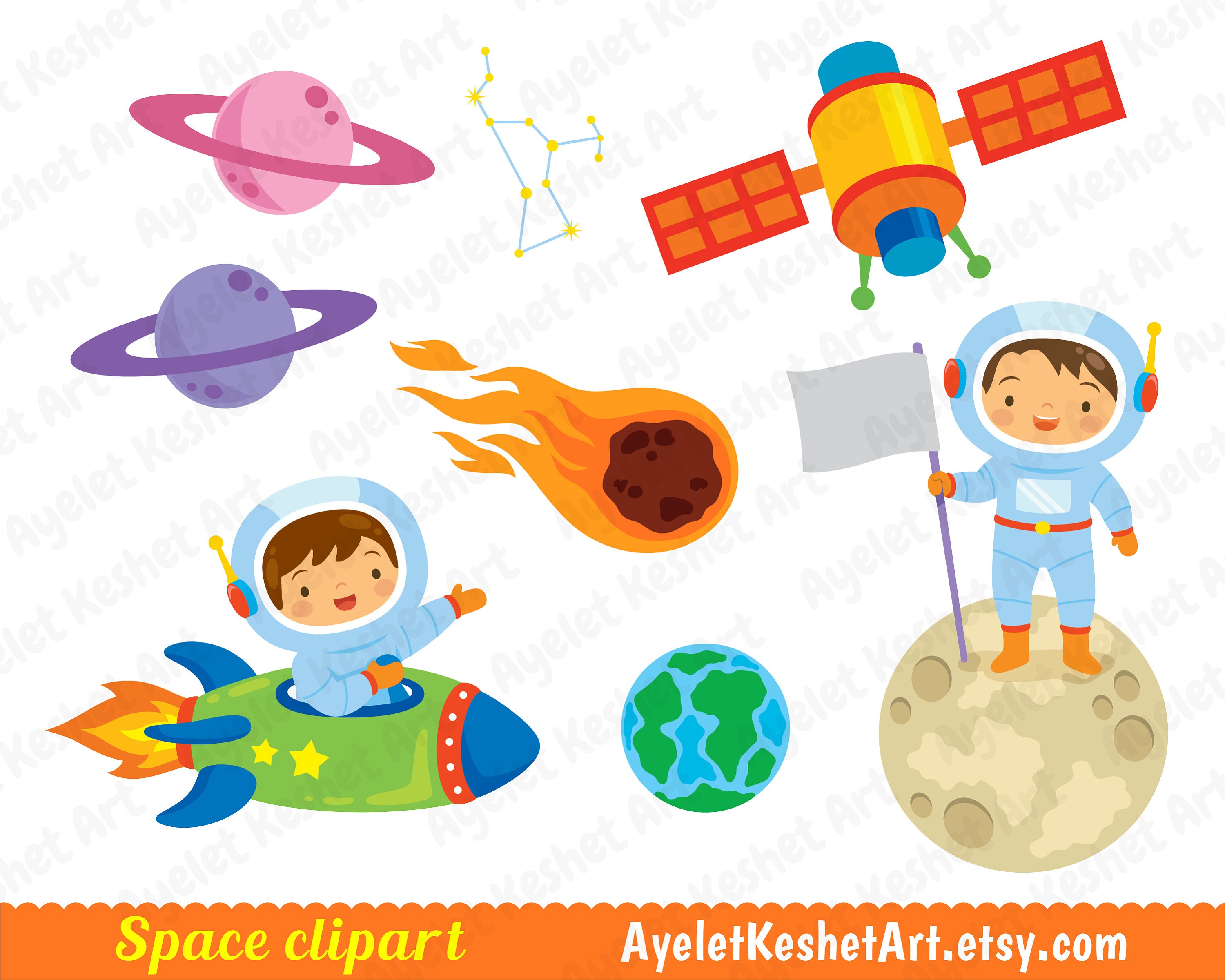 Outer Space Clipart Set. Cute Space Elements Spaceships, Aliens ...