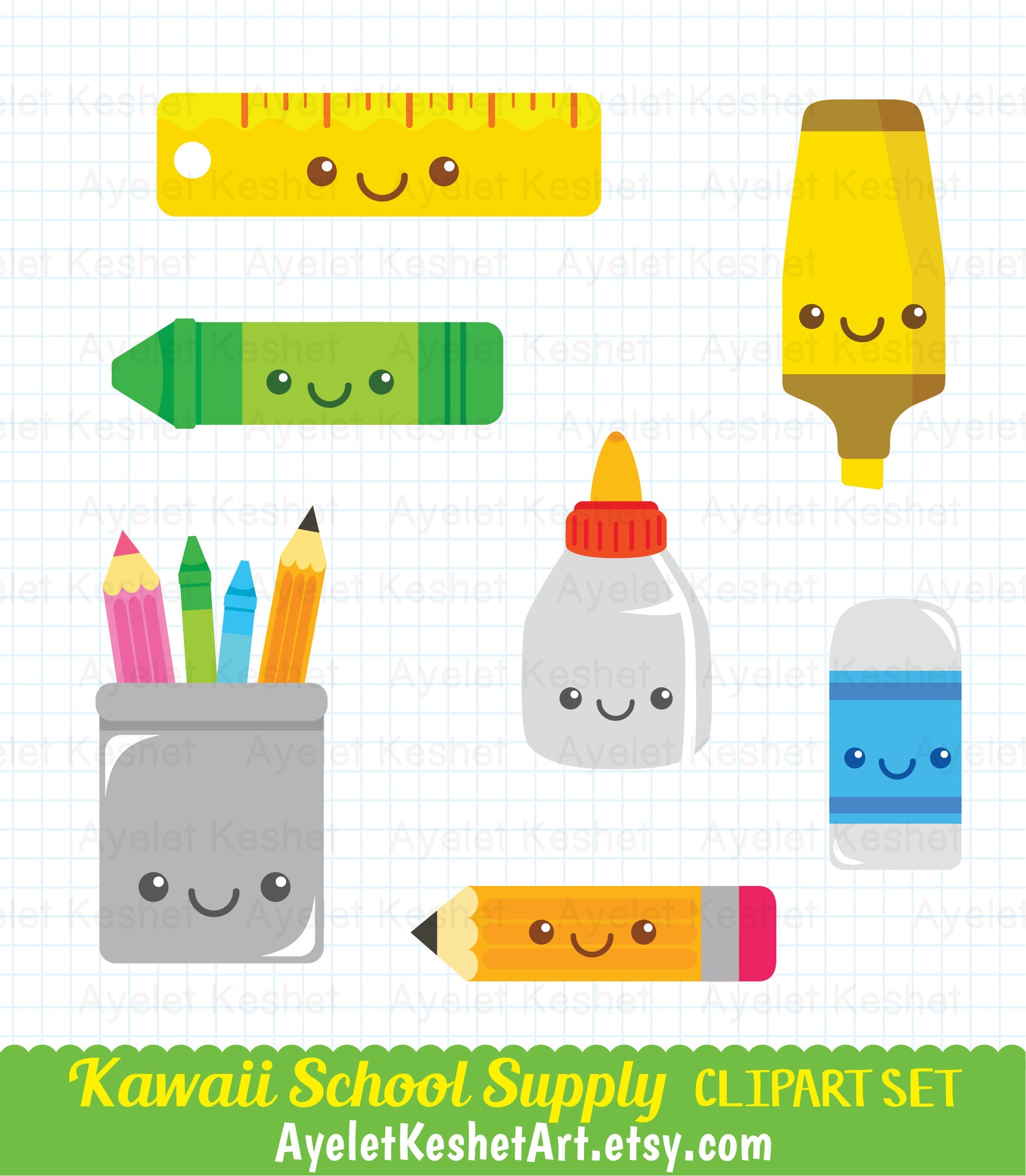 Kawaii school clipart set. Cute digital clipart bundle for | Etsy